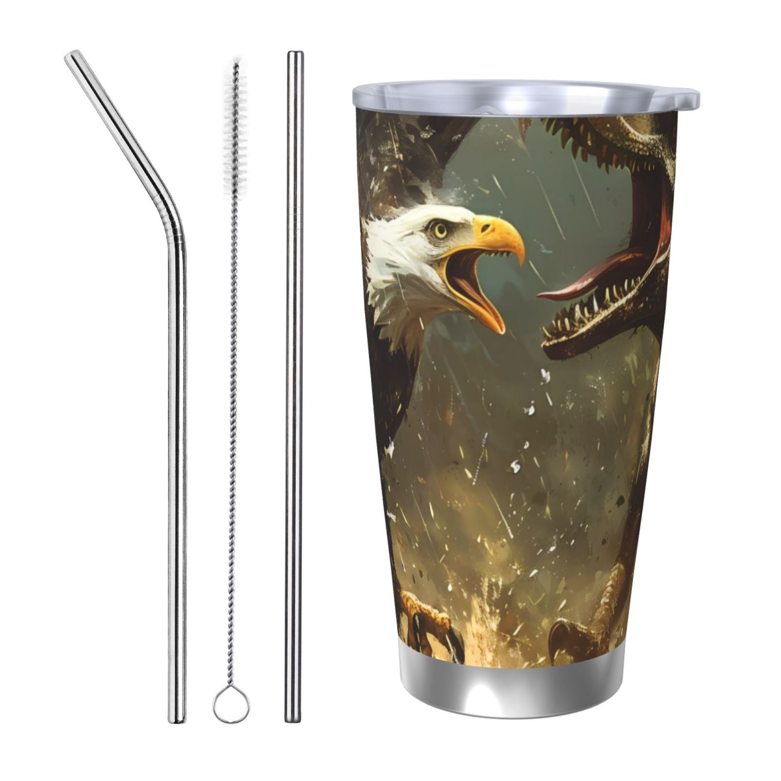 Daiia Dinosaur Bald Eagle Printed 20oz Insulated Coffee Cup with Straw ...