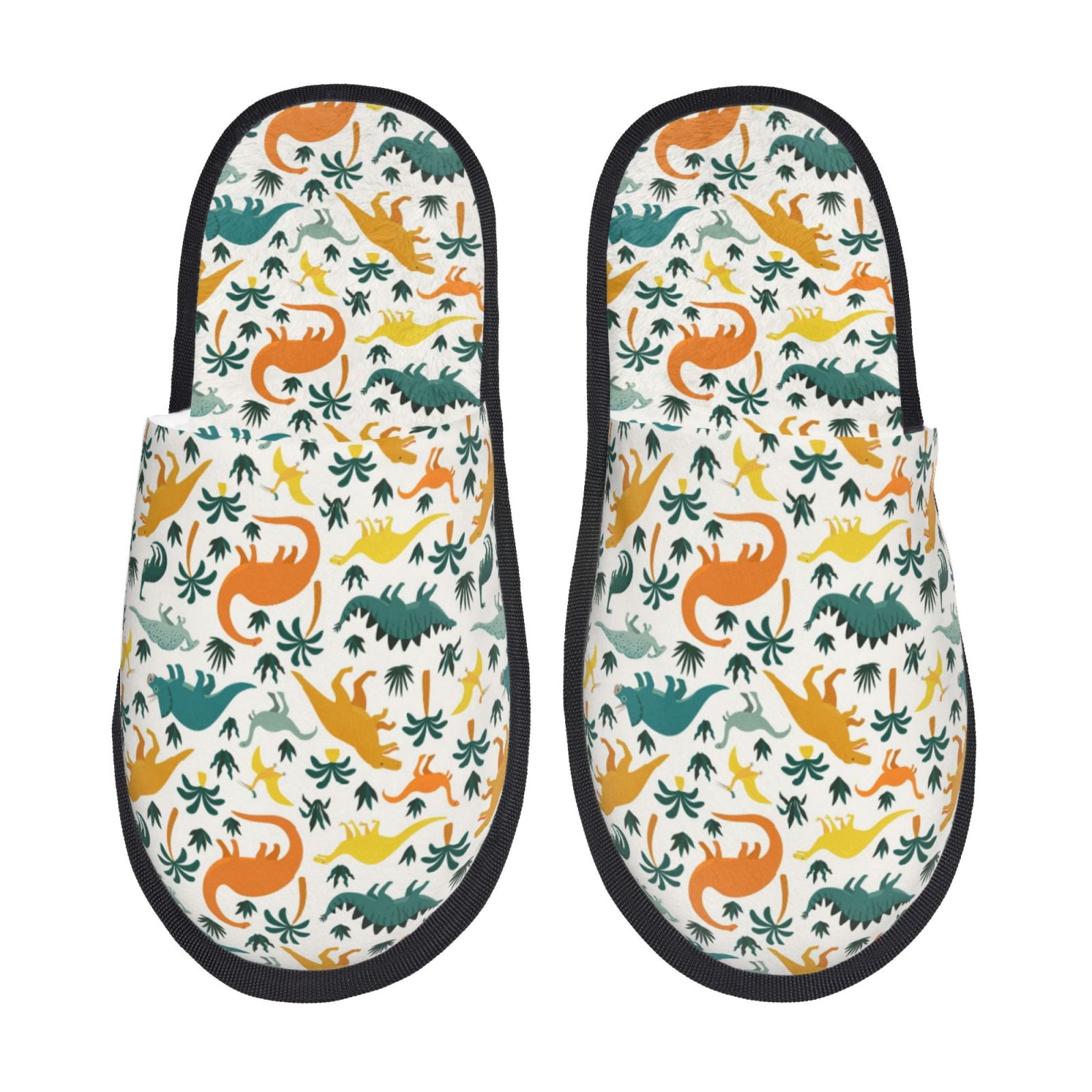Daiia Dinosaurs and Tropical Leaves Pattern Furry Slippers for Women ...