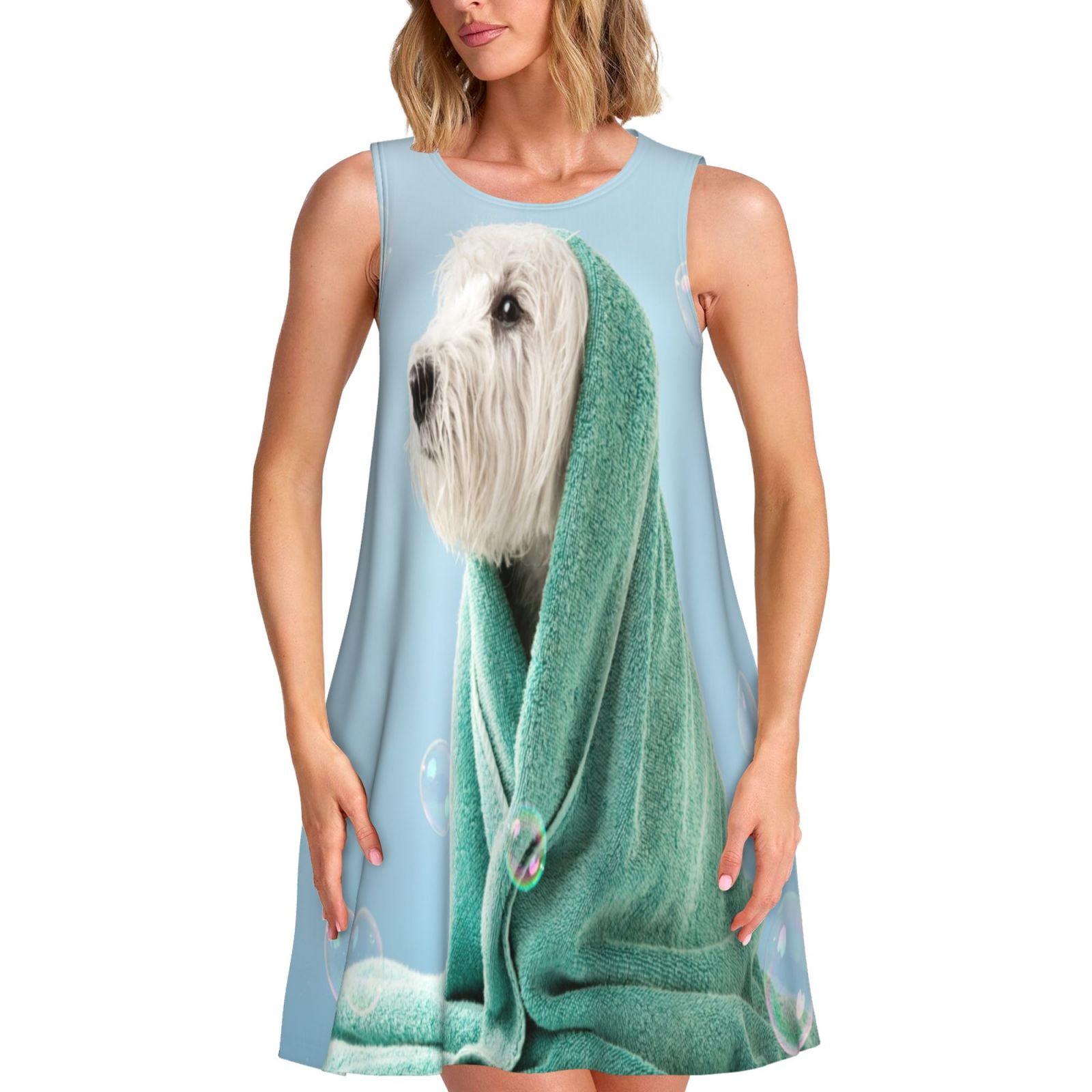 Daiia Dog Wrapped in Towel Print Women's Dresses 2025 Trendy Short ...