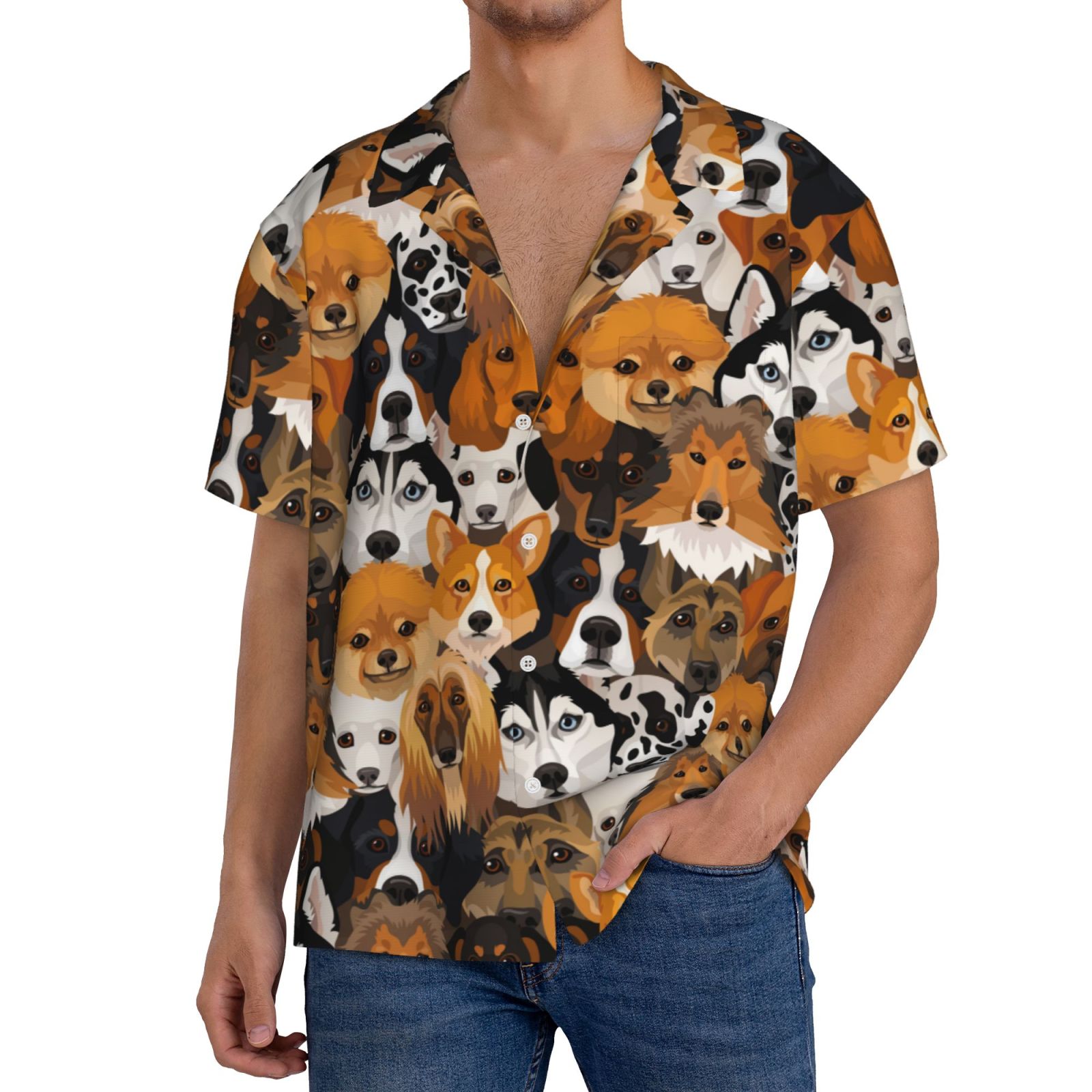 Daiia Dogs Different Breeds Men's Linen Shirts Short Sleeve Casual ...