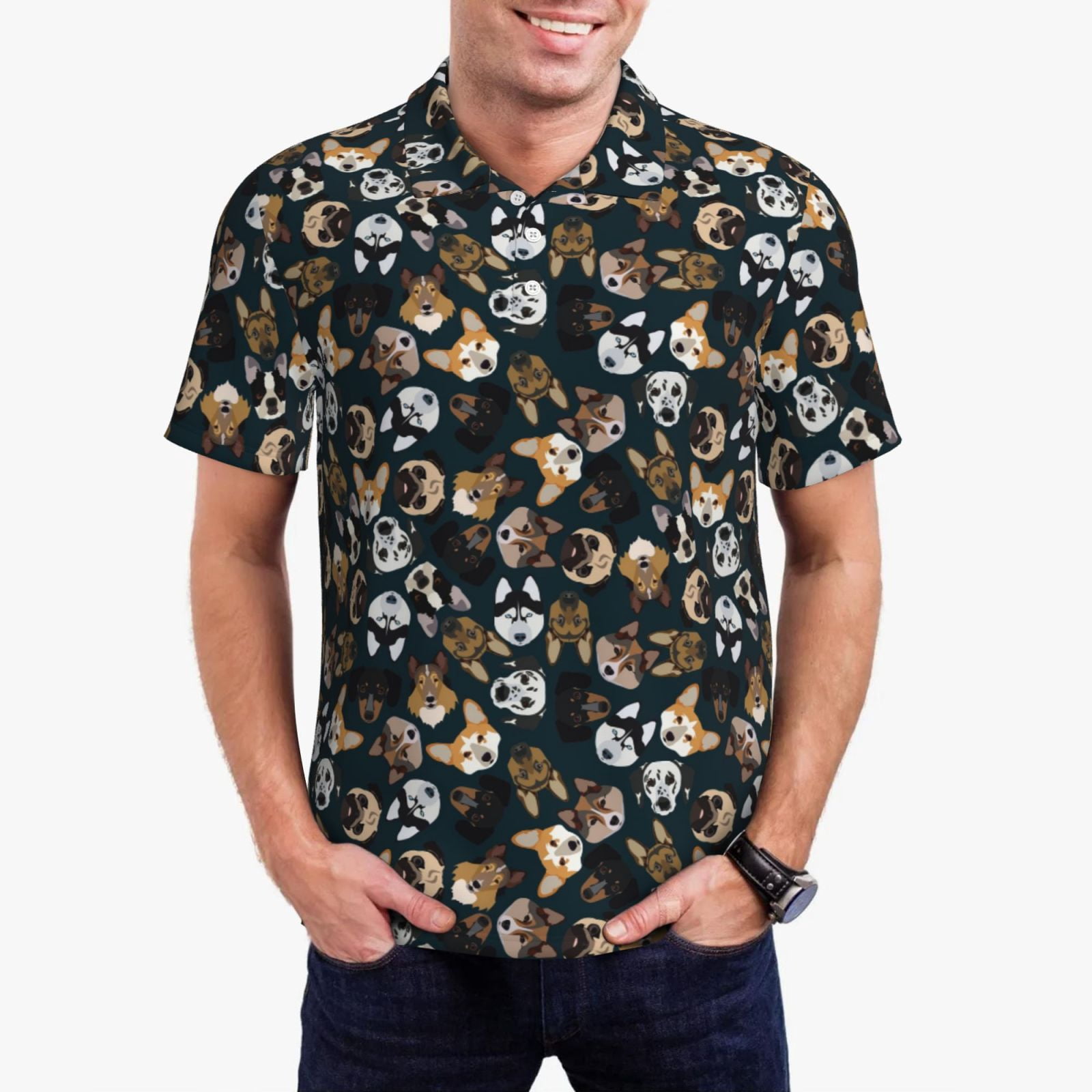 Daiia Dogs Pattern Men’s Polo Shirts,Solid Deck Shirt,Classic Fit ...
