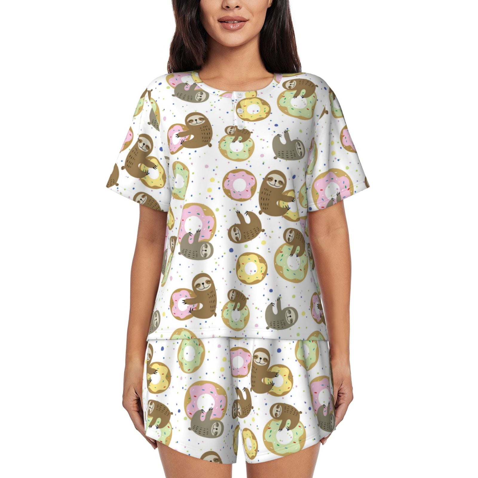 Daiia Donut Sloth Pattern Womens Pajama Sets Short Sleeve Pajamas for ...