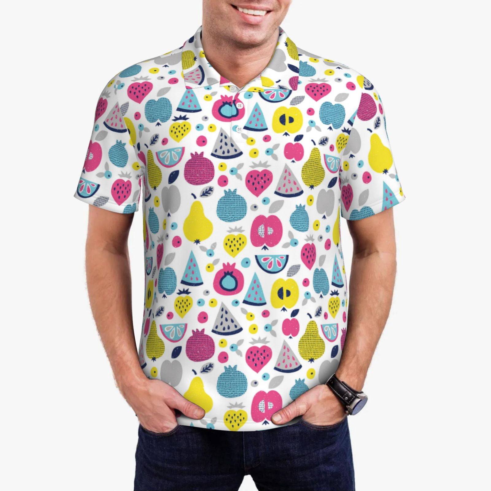 Daiia Doodle Fruits Pattern Men’s Polo Shirts,Solid Deck Shirt,Classic ...