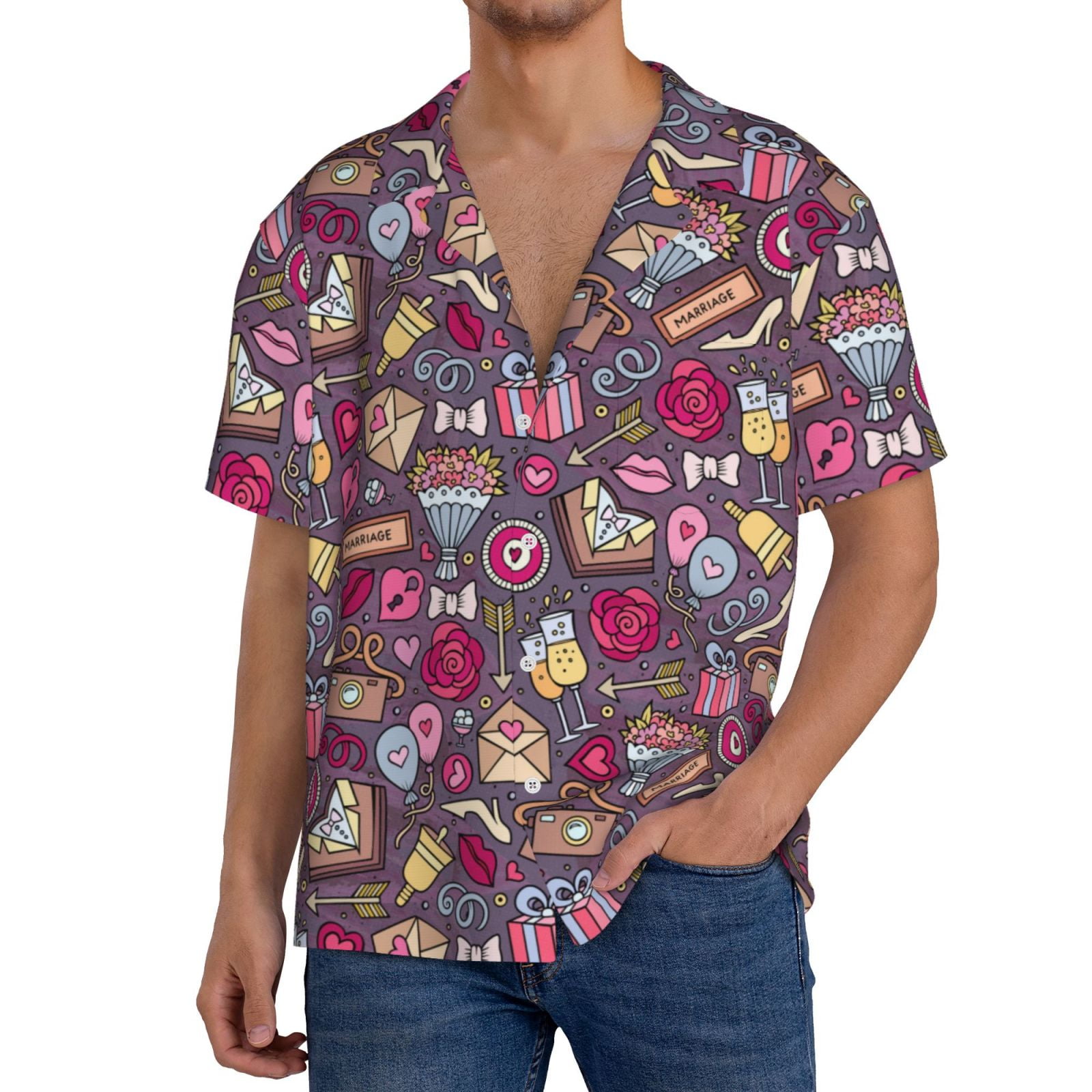 Daiia Doodles Wedding Men's Linen Shirts Short Sleeve Casual Shirts ...