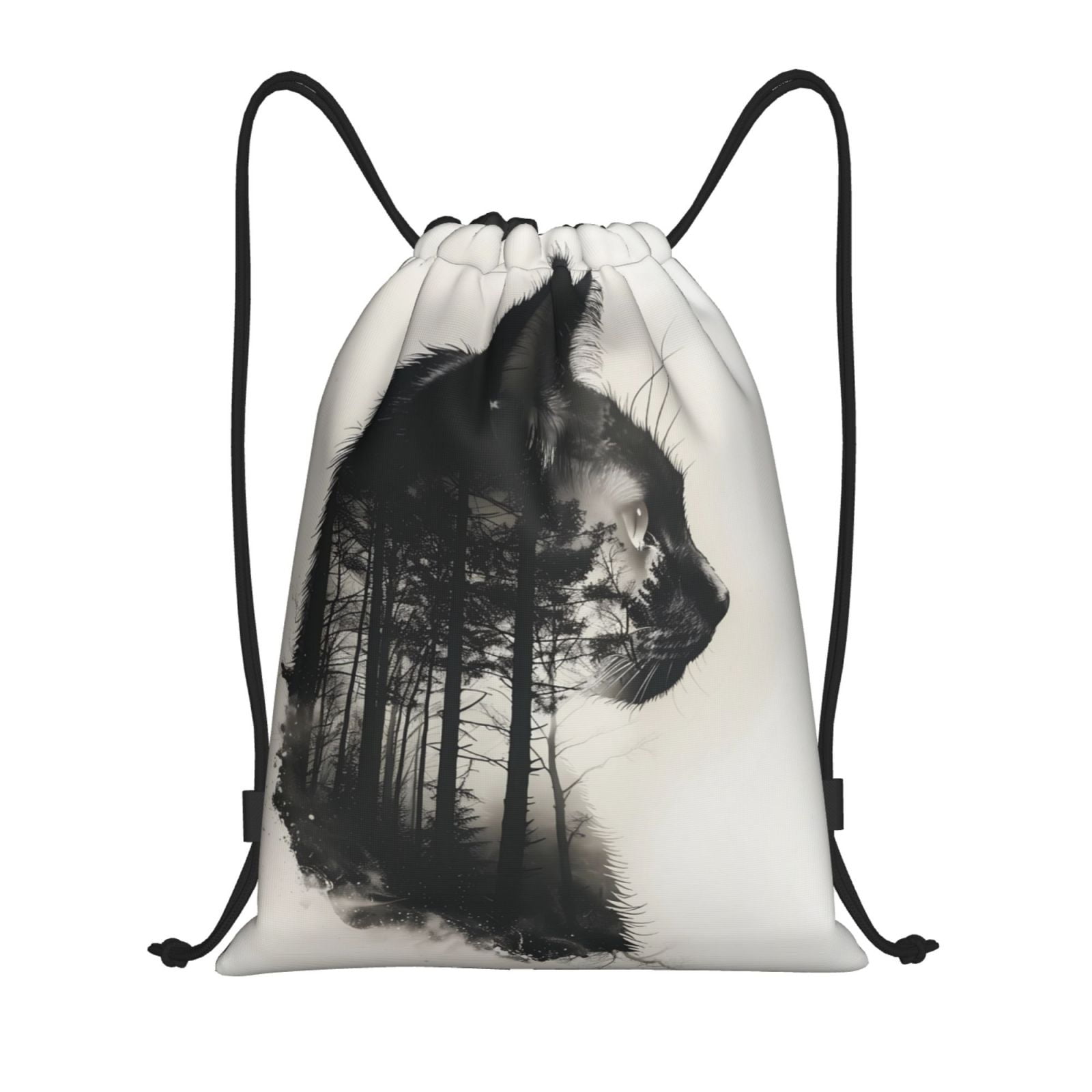 Daiia Double Exposure Cat Forest Pattern Drawstring Backpack, Gym Bag ...