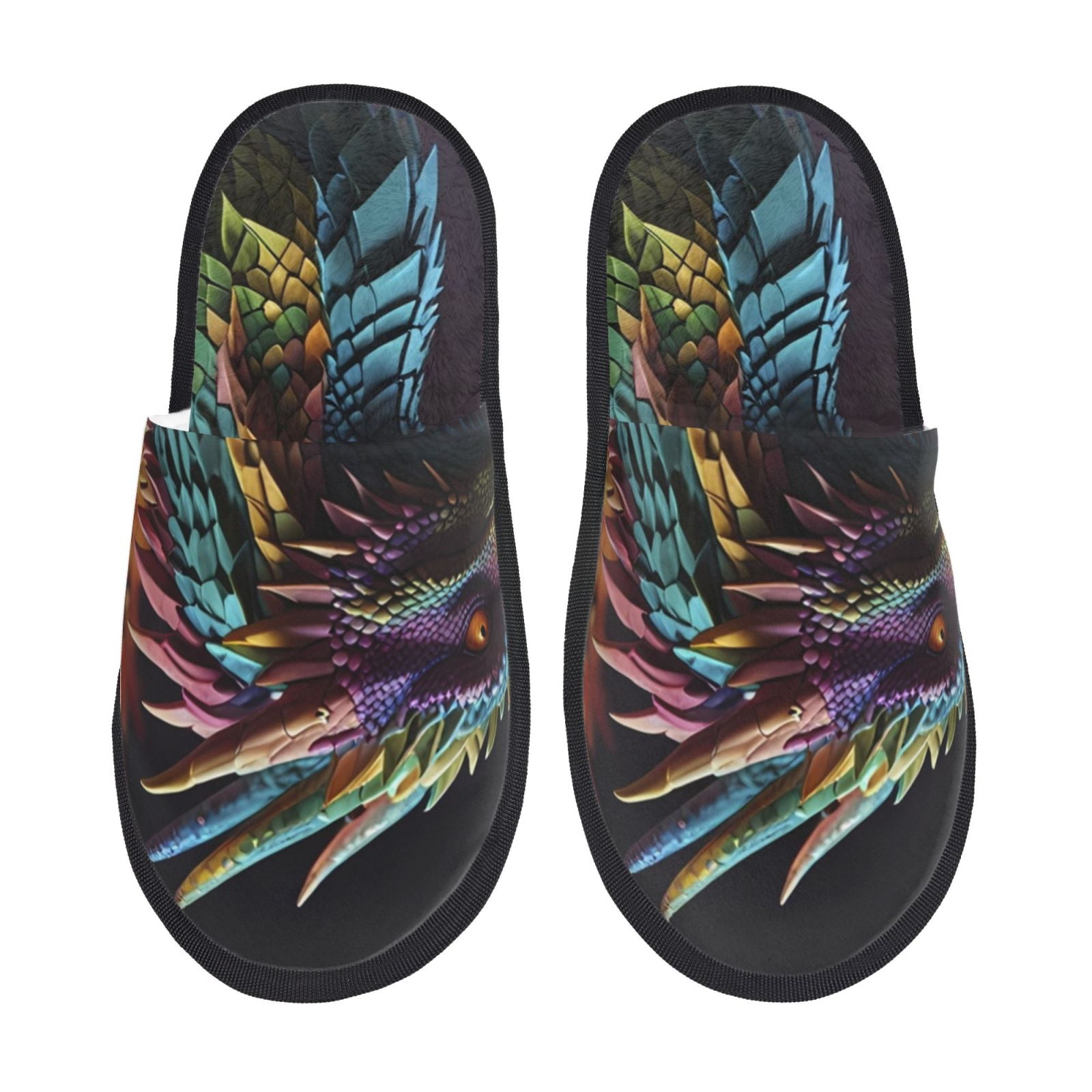 Daiia Dragon with Colorful Tail Pattern Furry Slippers for Women and ...