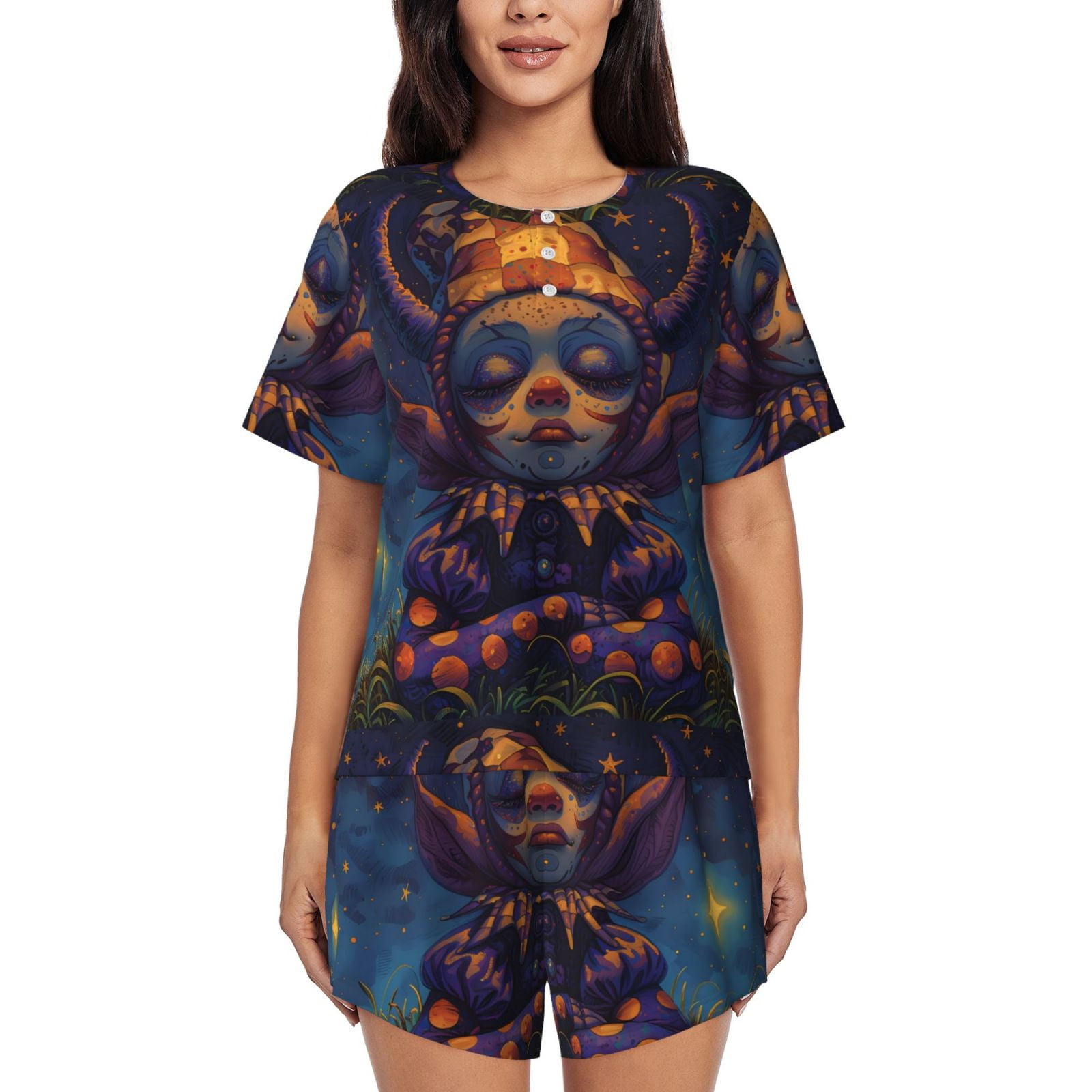 Daiia Dreamy Jester Under Stars Pattern Womens Pajama Sets Short Sleeve ...