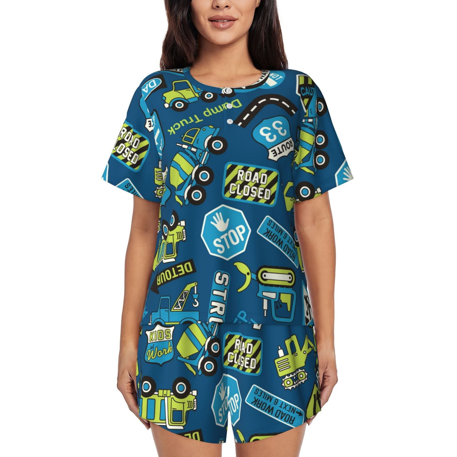 Daiia Dump Truck Pattern Womens Pajama Sets Short Sleeve Pajamas for ...