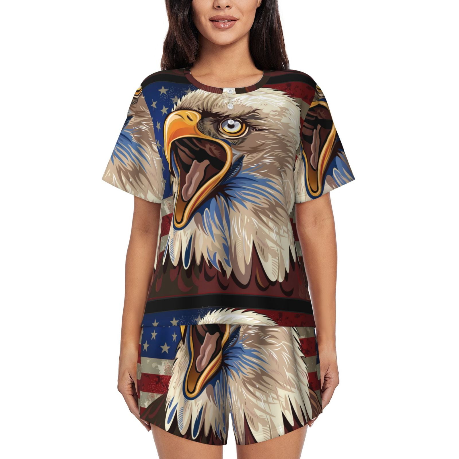 Daiia Eagle With USA Flags Pattern Womens Pajama Sets Short Sleeve ...