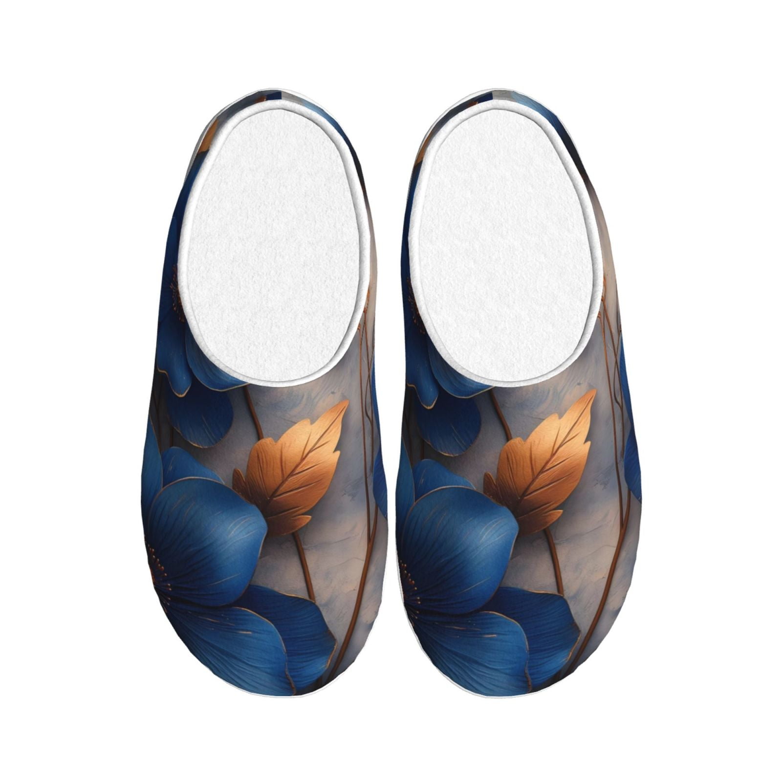 Daiia Elegant Blue Gold Blooms Print Women’s Fuzzy Slippers Memory Foam ...