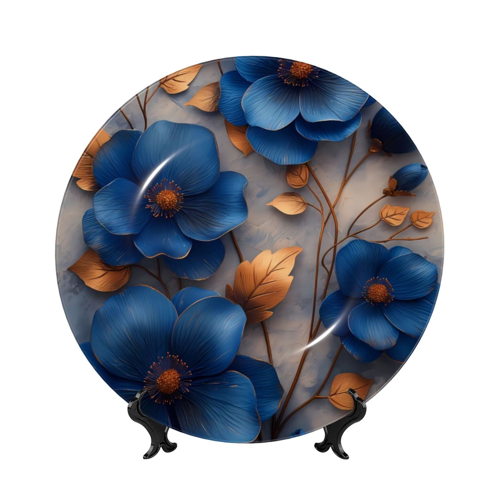 Daiia Elegant Blue Gold Blooms Printed Pattern Ceramic Plate Dinner ...
