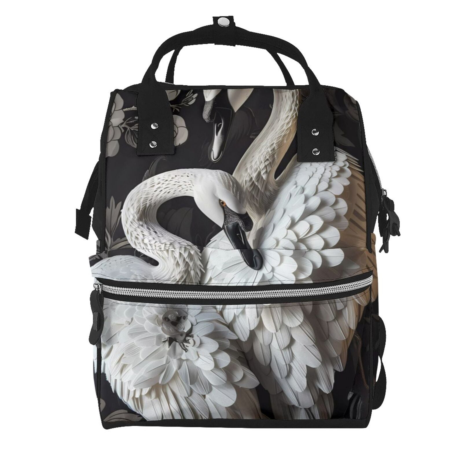 Daiia Elegant Swans Black Background Large Capacity Baby Bag Waterproof ...