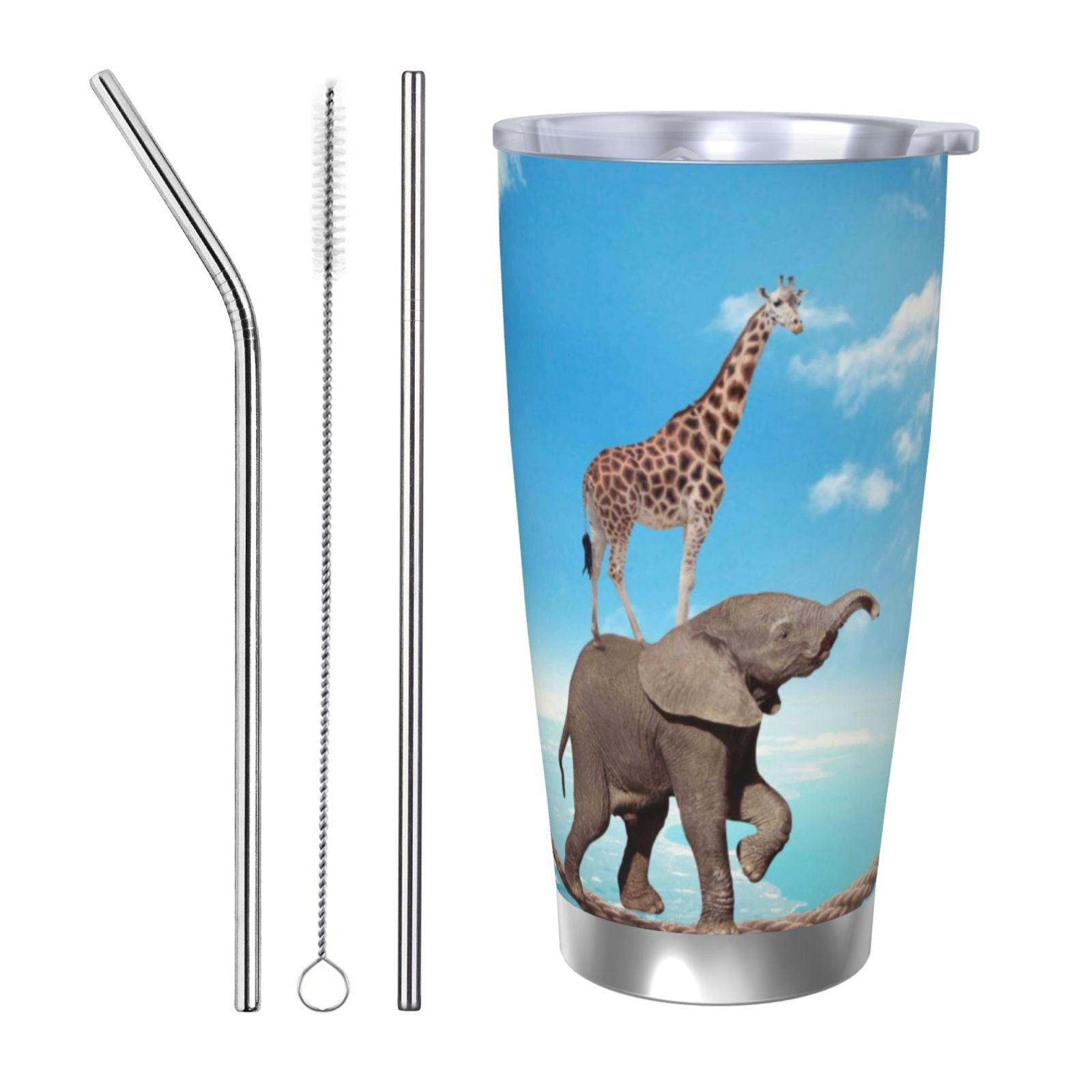 Daiia Elephant Giraffe Printed 20oz Insulated Coffee Cup with Straw ...