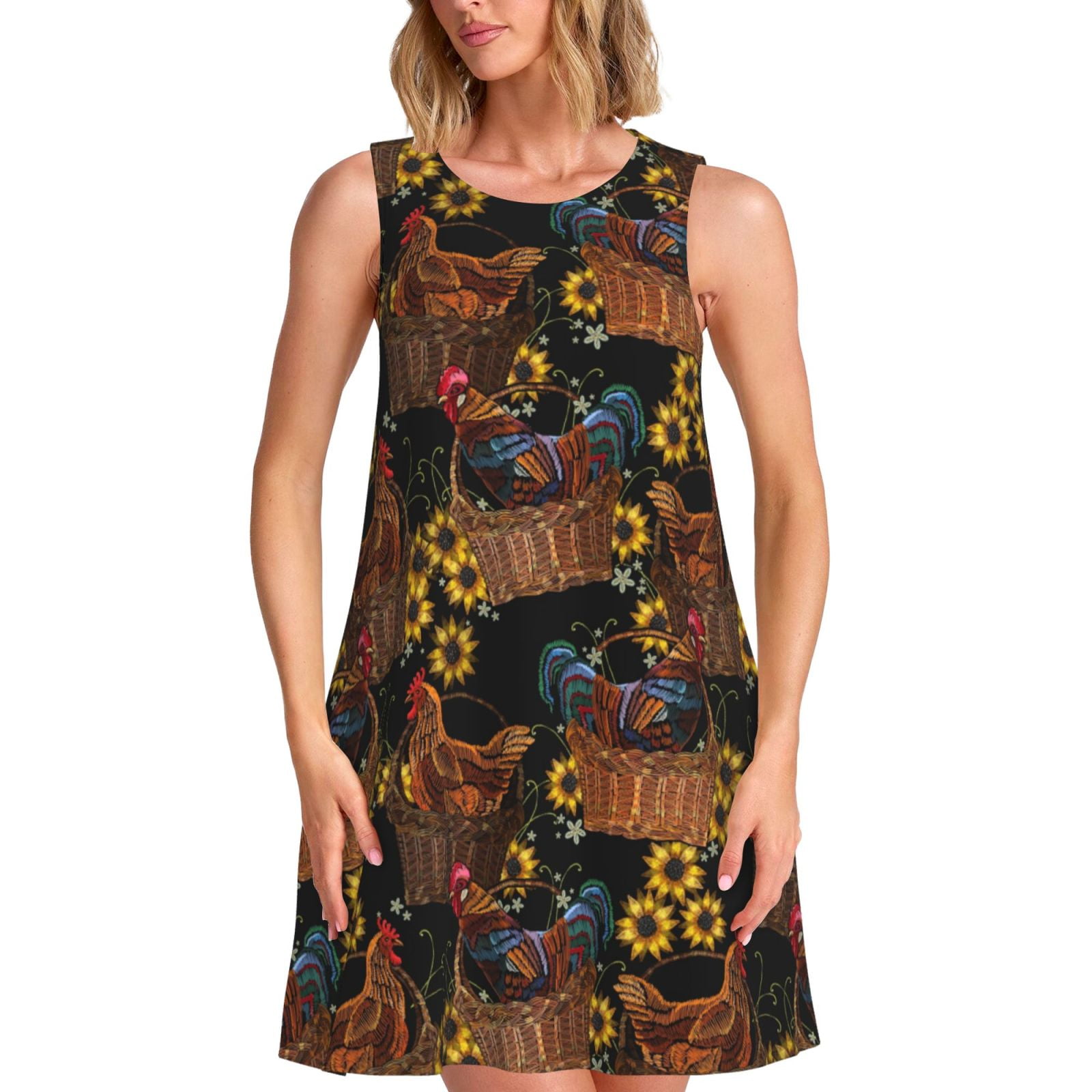 Daiia Embroidery Chicken Rooster And Sunflowers Print Women's Dresses ...