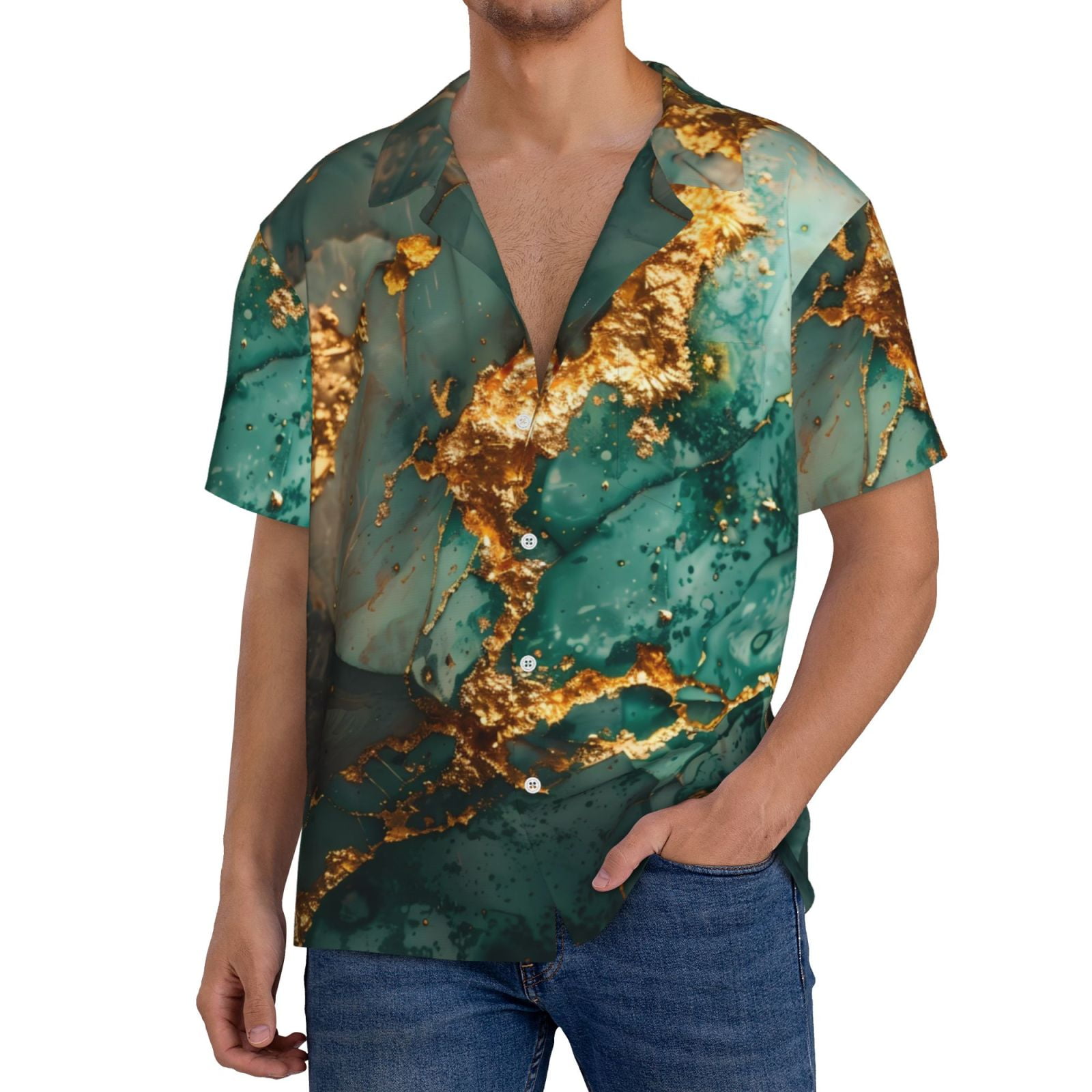 Daiia Emerald Color Gold Marble Men's Linen Shirts Short Sleeve Casual ...