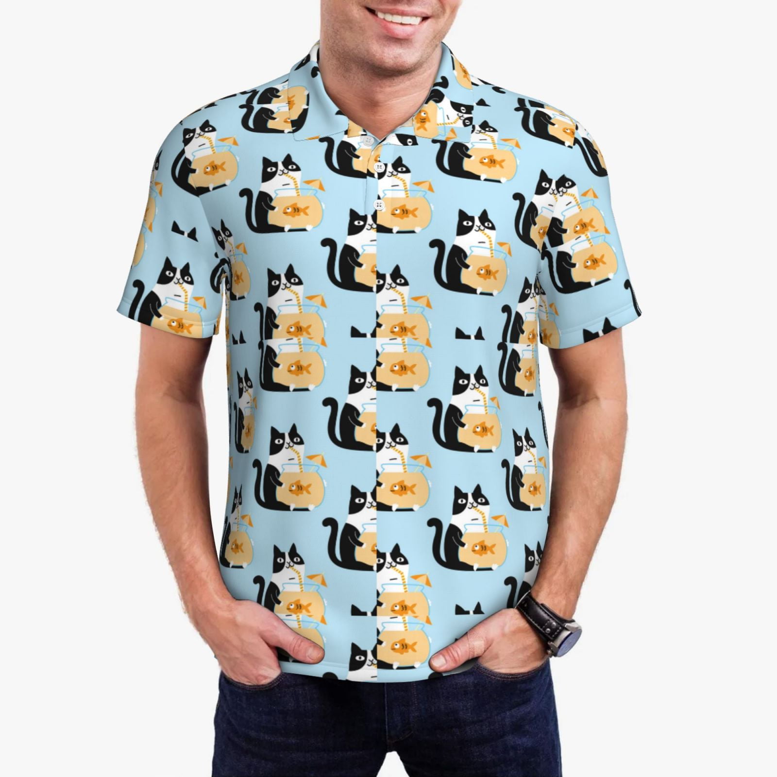 Daiia FUNNY CAT IS DRINKING WATER Pattern Men’s Polo Shirts,Solid Deck ...