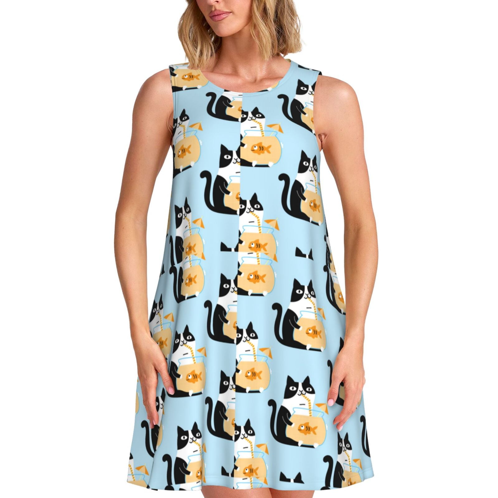 Daiia FUNNY CAT IS DRINKING WATER Print Women's Dresses 2025 Trendy ...