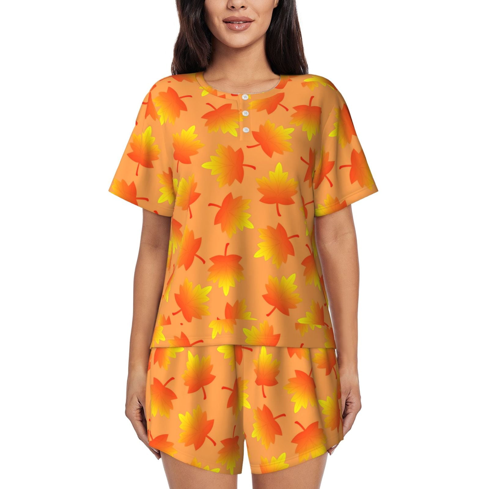 Daiia Fall Maple Leaves Pattern Womens Pajama Sets Short Sleeve Pajamas ...