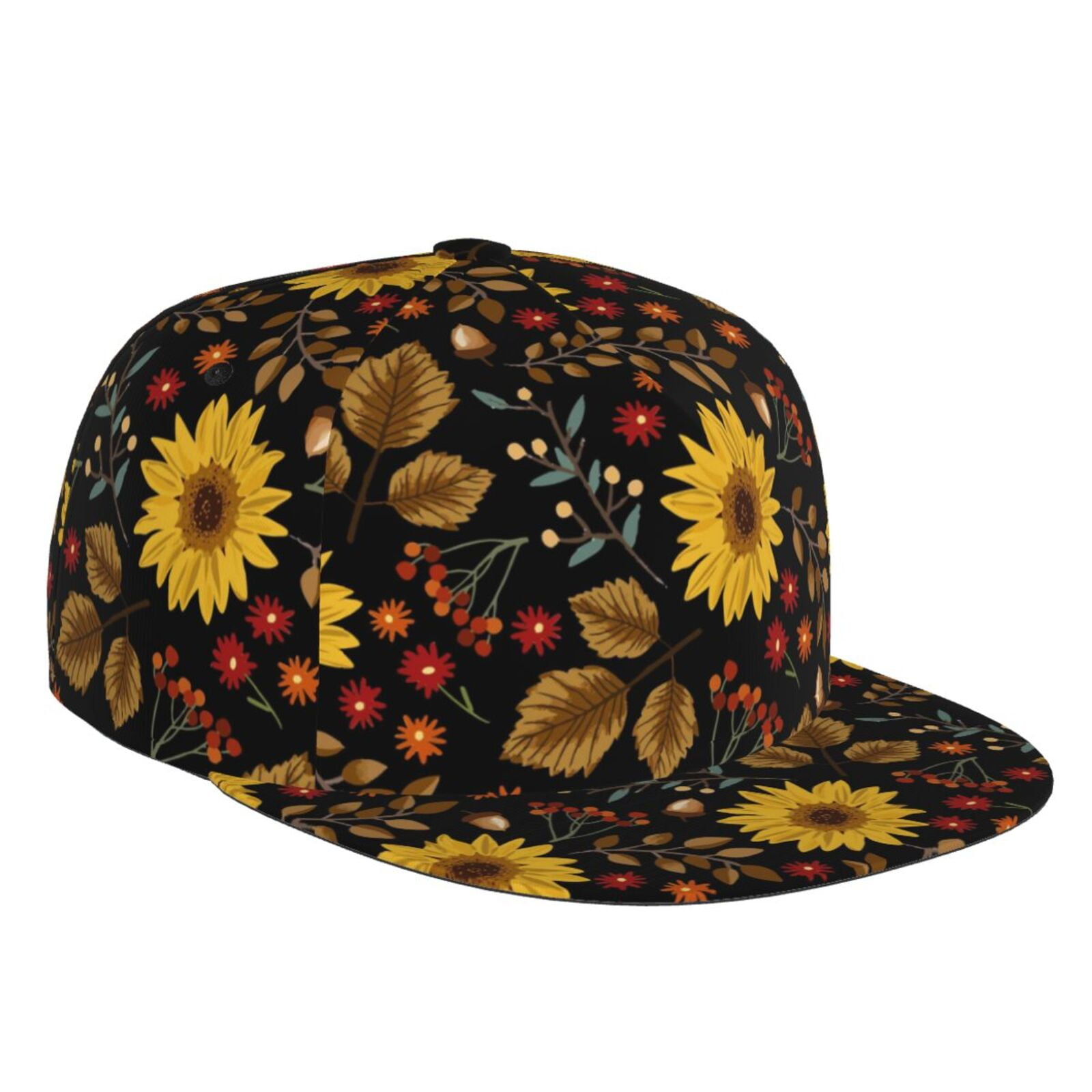 Daiia Fall Sunflowers Leaves print Flat Bill Hats Flat Brim Trucker Cap ...