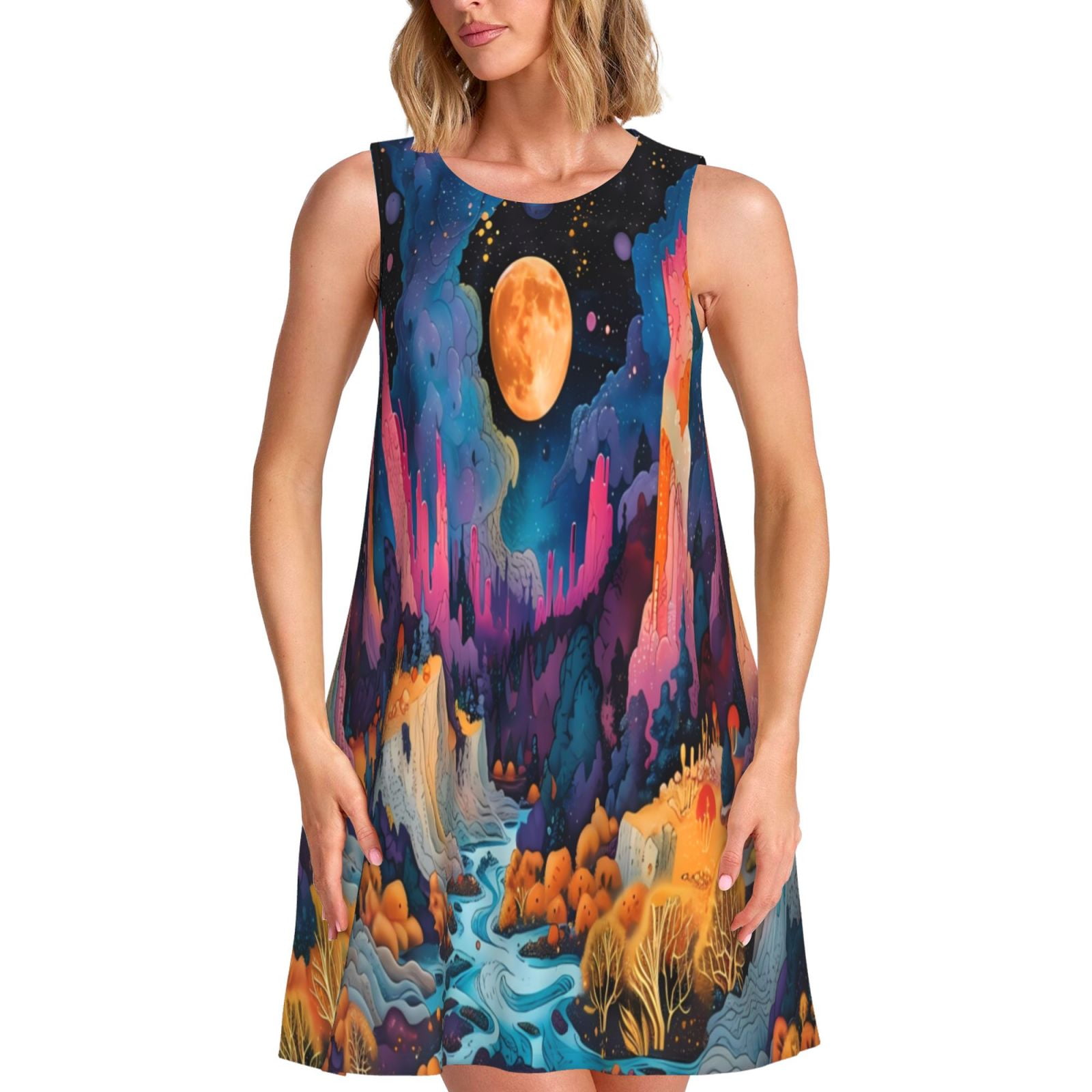 Daiia Fantasy Cosmic Landscape Print Women's Dresses 2025 Trendy Short ...