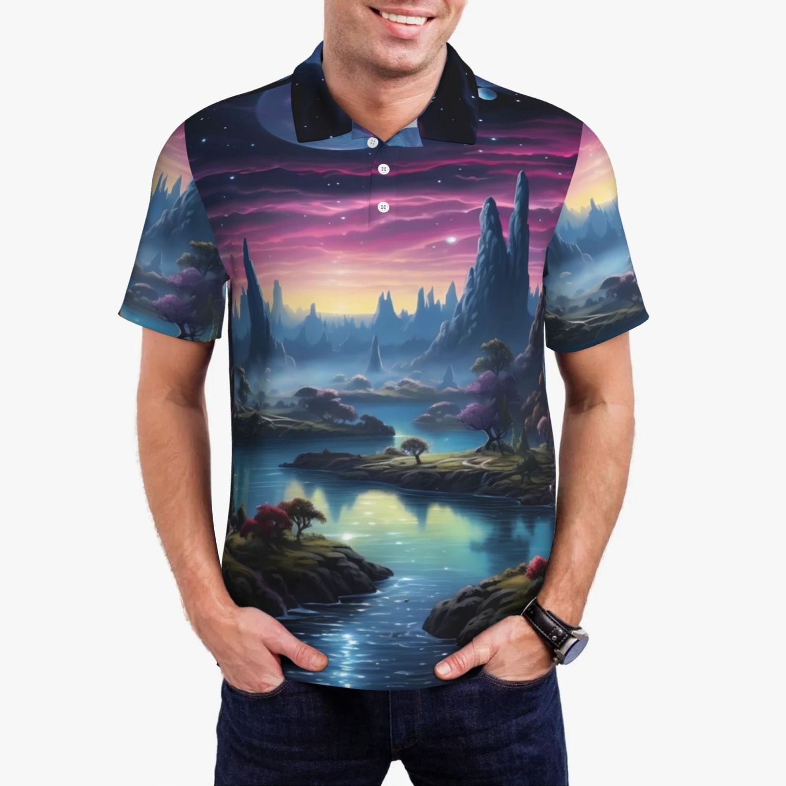 Daiia Fantasy Landscape Starry Night Pattern Men’s Polo Shirts,Solid ...