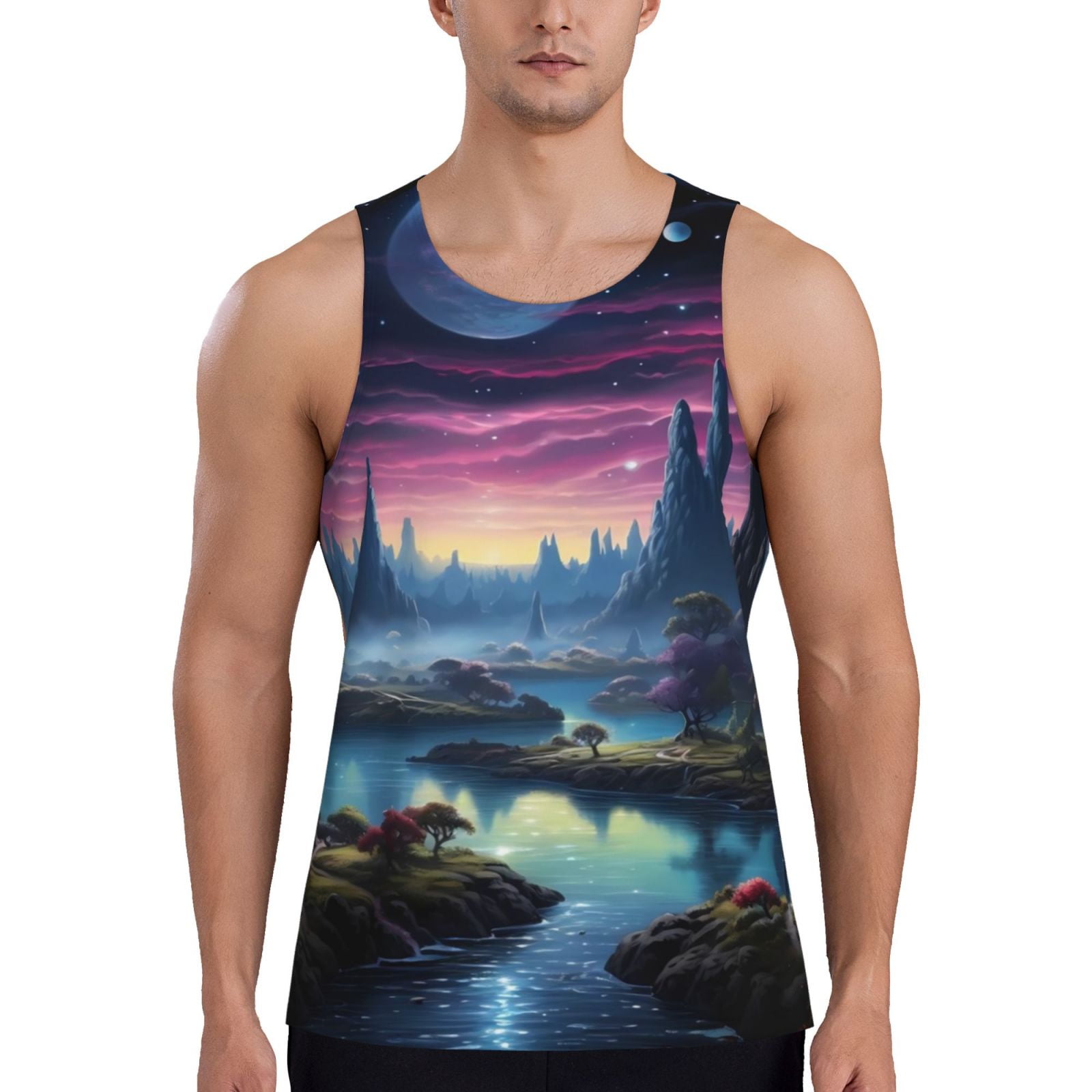 Daiia Fantasy Landscape Starry Night Printed Men's Quick Dry Fit Muscle ...