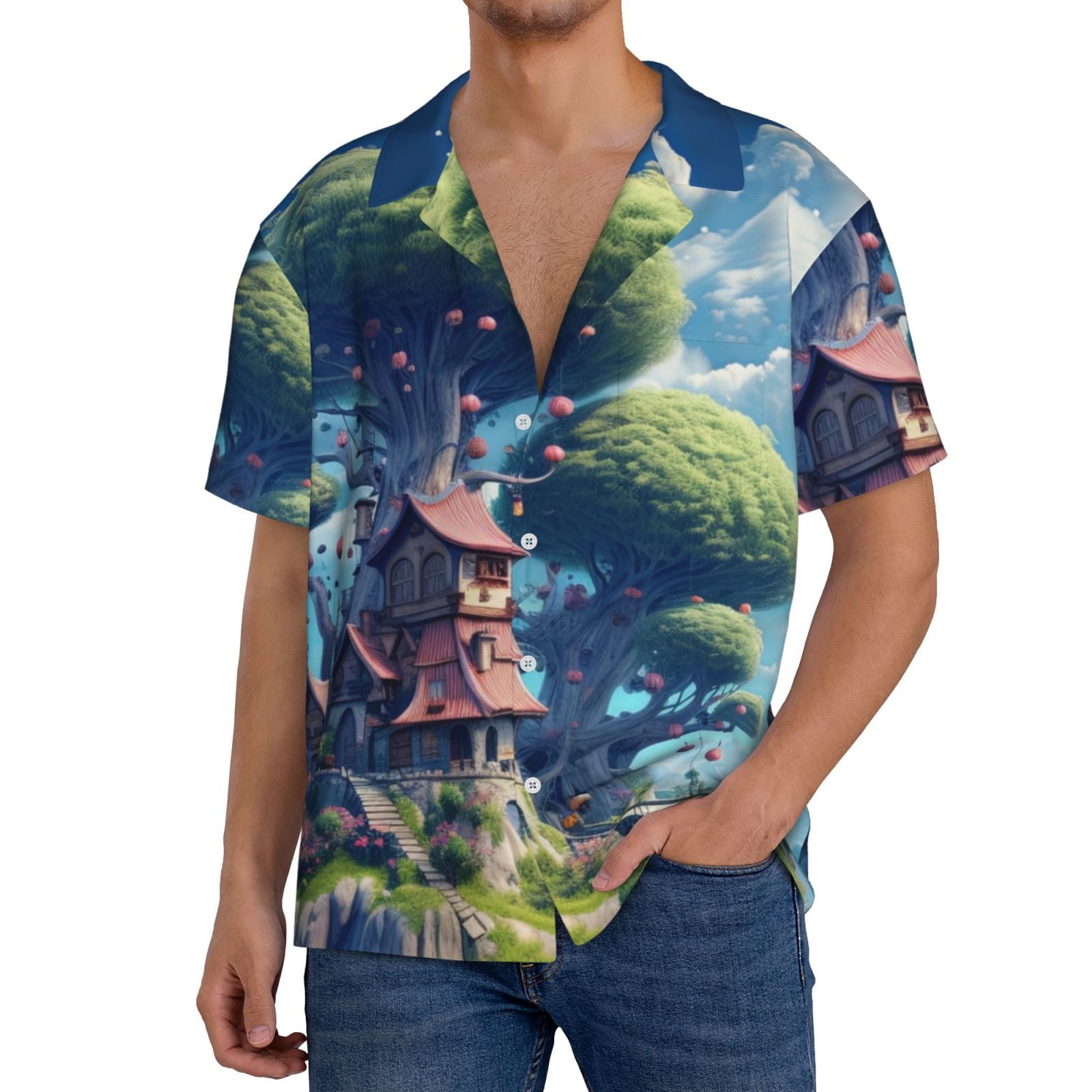 Daiia Fantasy Treehouse Planet Scene Men's Linen Shirts Short Sleeve ...