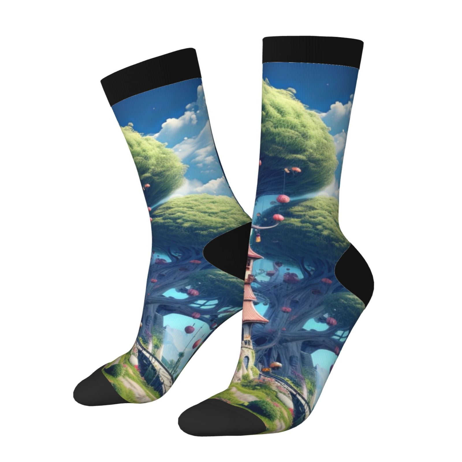 Daiia Fantasy Treehouse Planet Scene Print Crew Socks – Soft Breathable ...