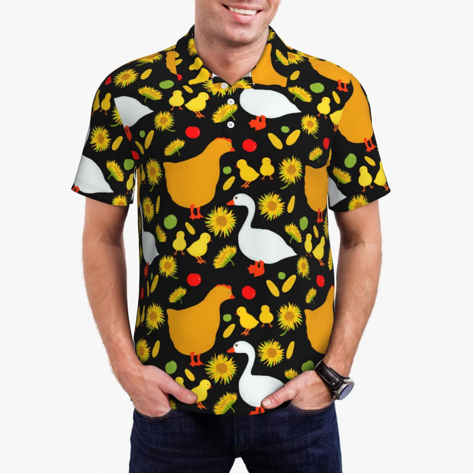 Daiia Farm Goose Pattern Men’s Polo Shirts,Solid Deck Shirt,Classic Fit ...