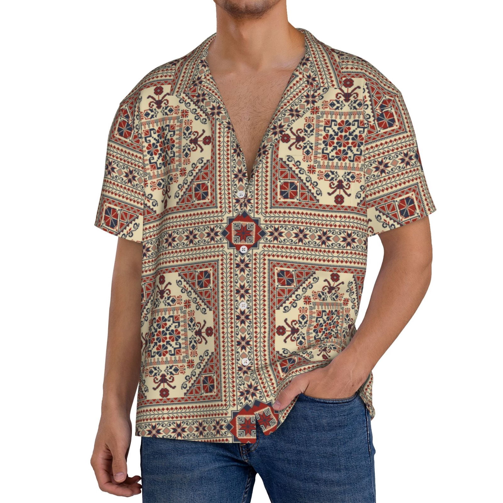 Daiia Fashion Tatreez1 Men's Linen Shirts Short Sleeve Casual Shirts ...