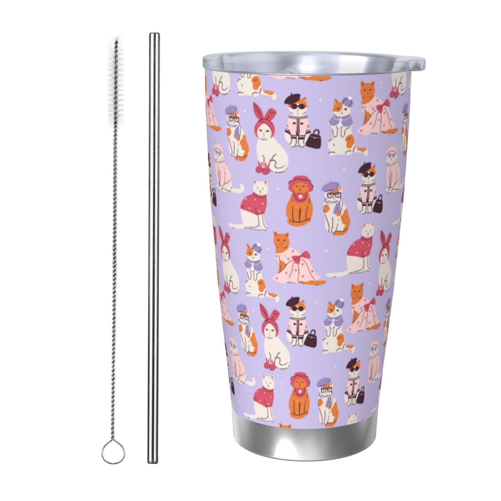 Daiia Fashionable Cats Printed 20oz Insulated Coffee Cup with Straw ...
