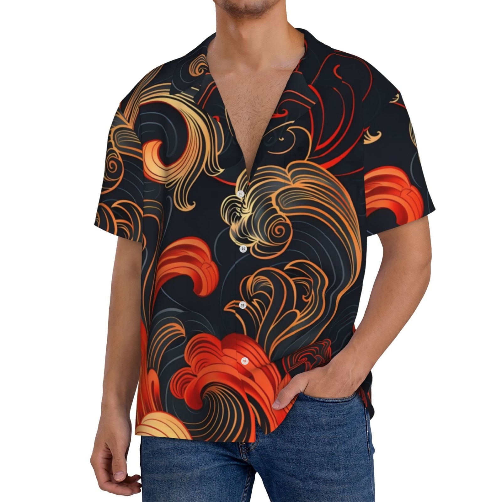 Daiia Fiery Floral Pattern Men's Linen Shirts Short Sleeve Casual ...