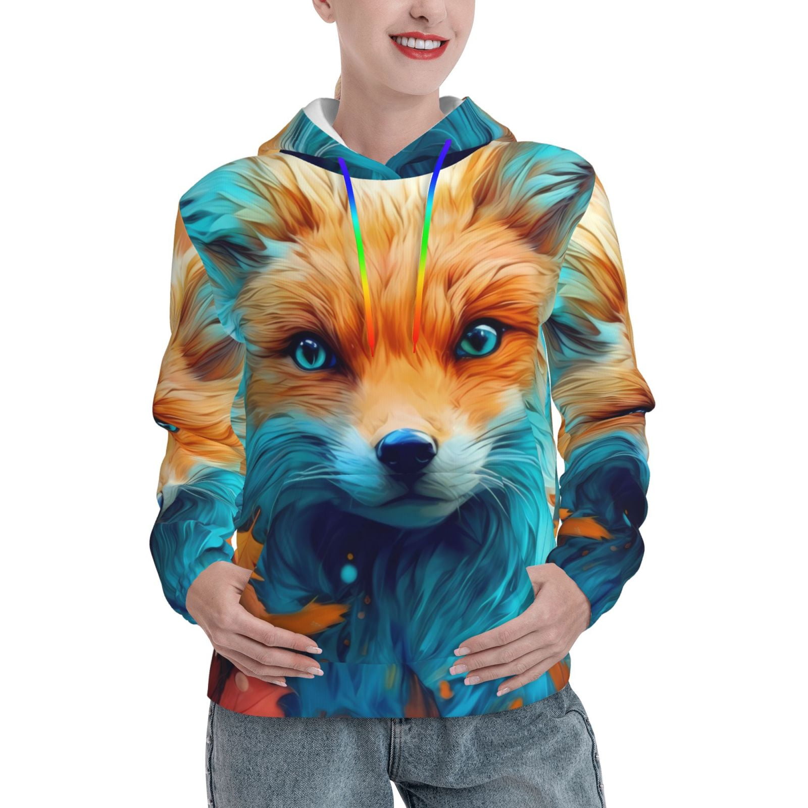 Daiia Fiery Red Maple Leaf Fox Pattern Women's Fashion Hoodies ...