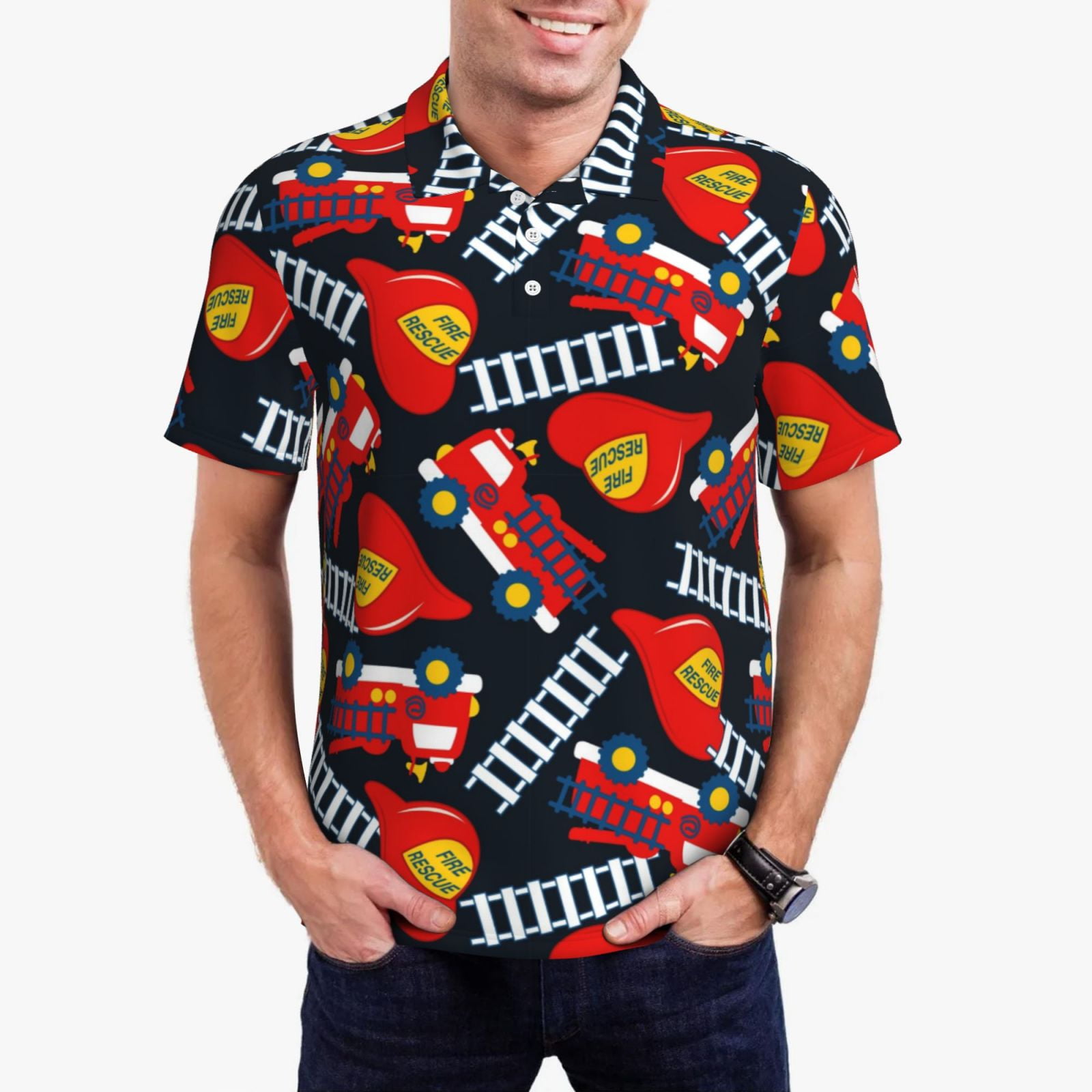 Daiia Fire Rescue With Red Helmet And Truck Pattern Men’s Polo Shirts ...