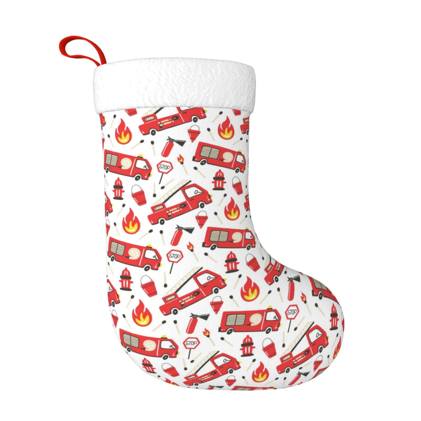 Daiia Fire Truck Print Christmas Stocking，18"Large Knitted Xmas ...