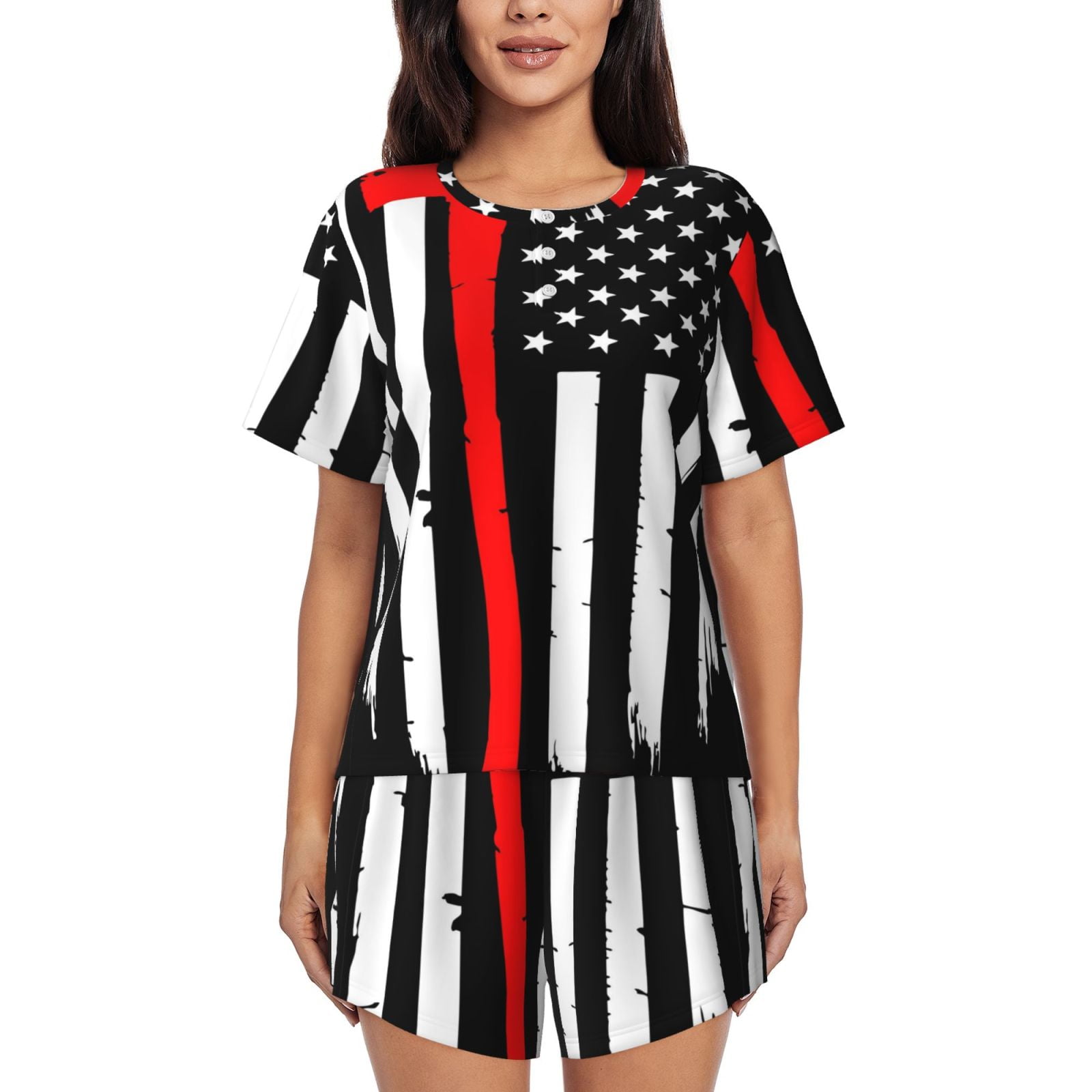 Daiia Firefighters USA Flag Pattern Womens Pajama Sets Short Sleeve ...