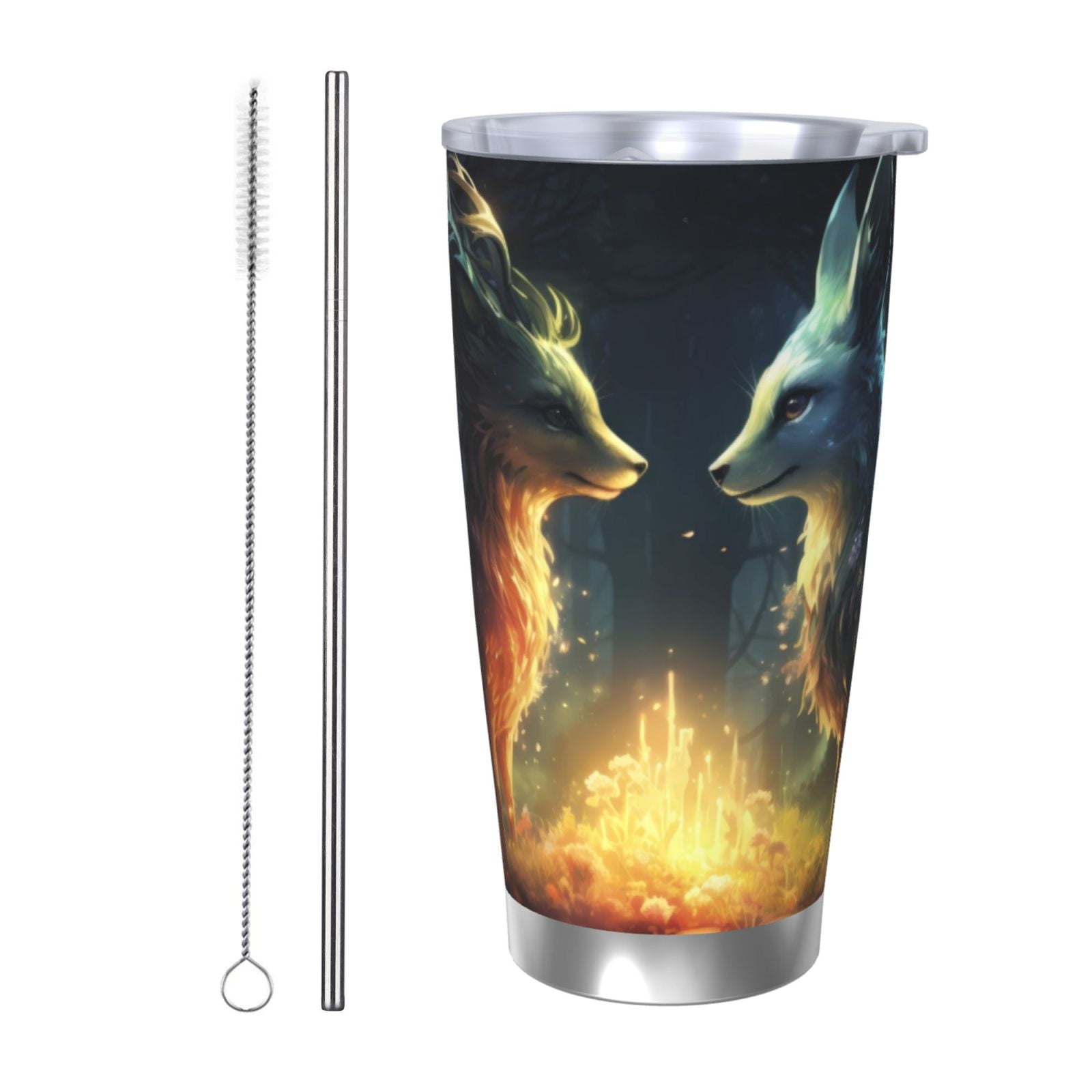 Daiia Firefly Forest Fox Printed 20oz Insulated Coffee Cup with Straw ...