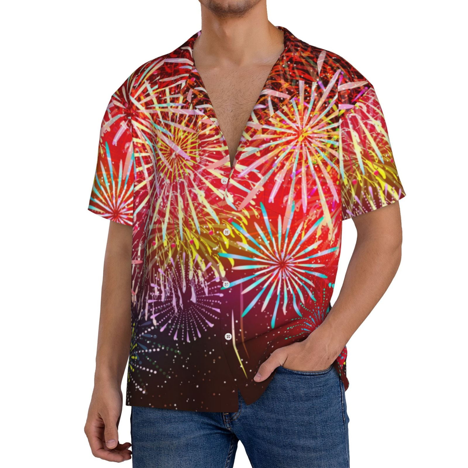 Daiia Fireworks Men's Linen Shirts Short Sleeve Casual Shirts Button ...