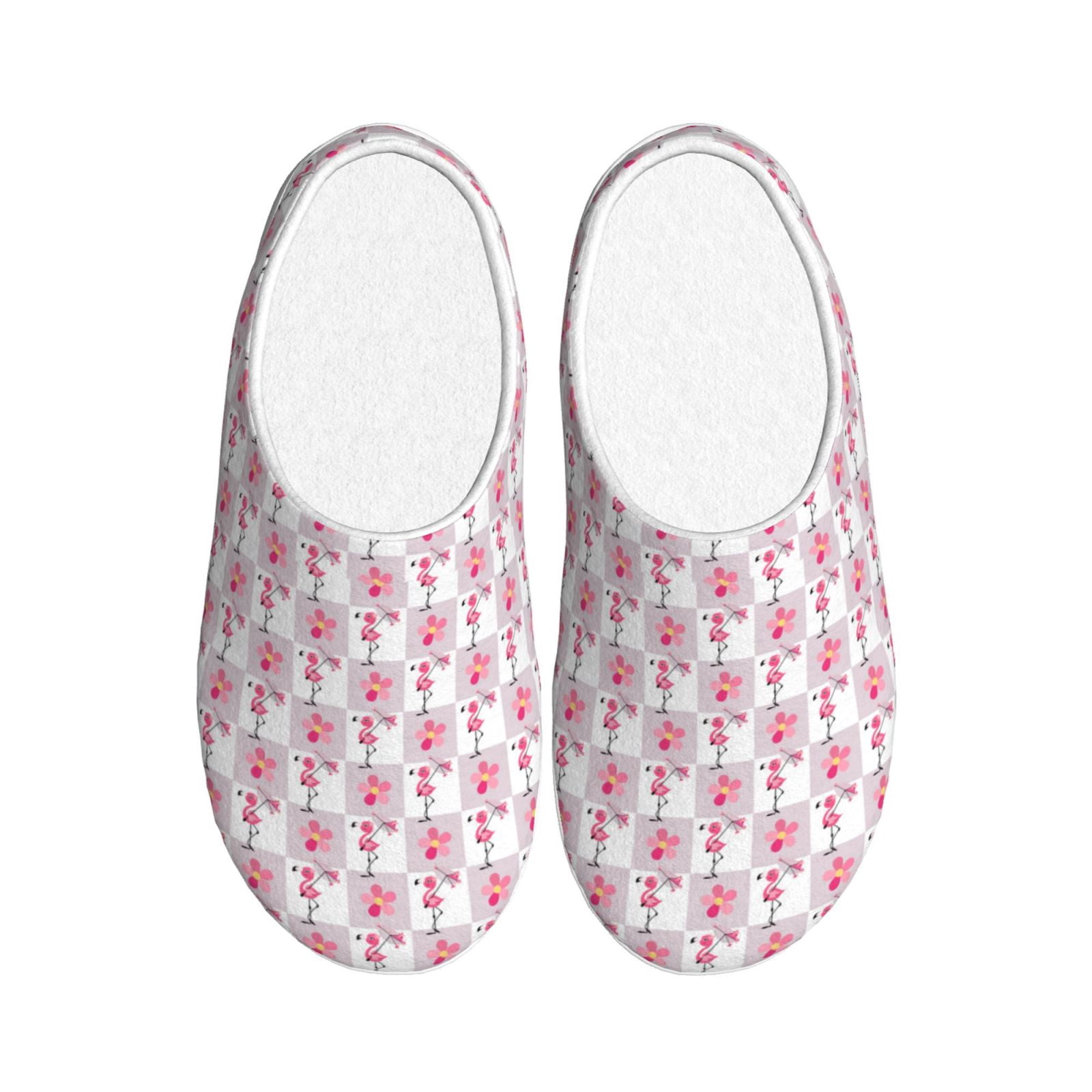 Daiia Flamingo On Checkered Print Women’s Fuzzy Slippers Memory Foam ...