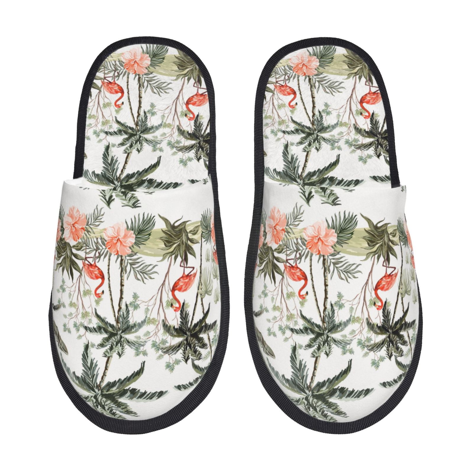 Daiia Flamingo Palm Trees Pattern Furry Slippers for Women and Men ...
