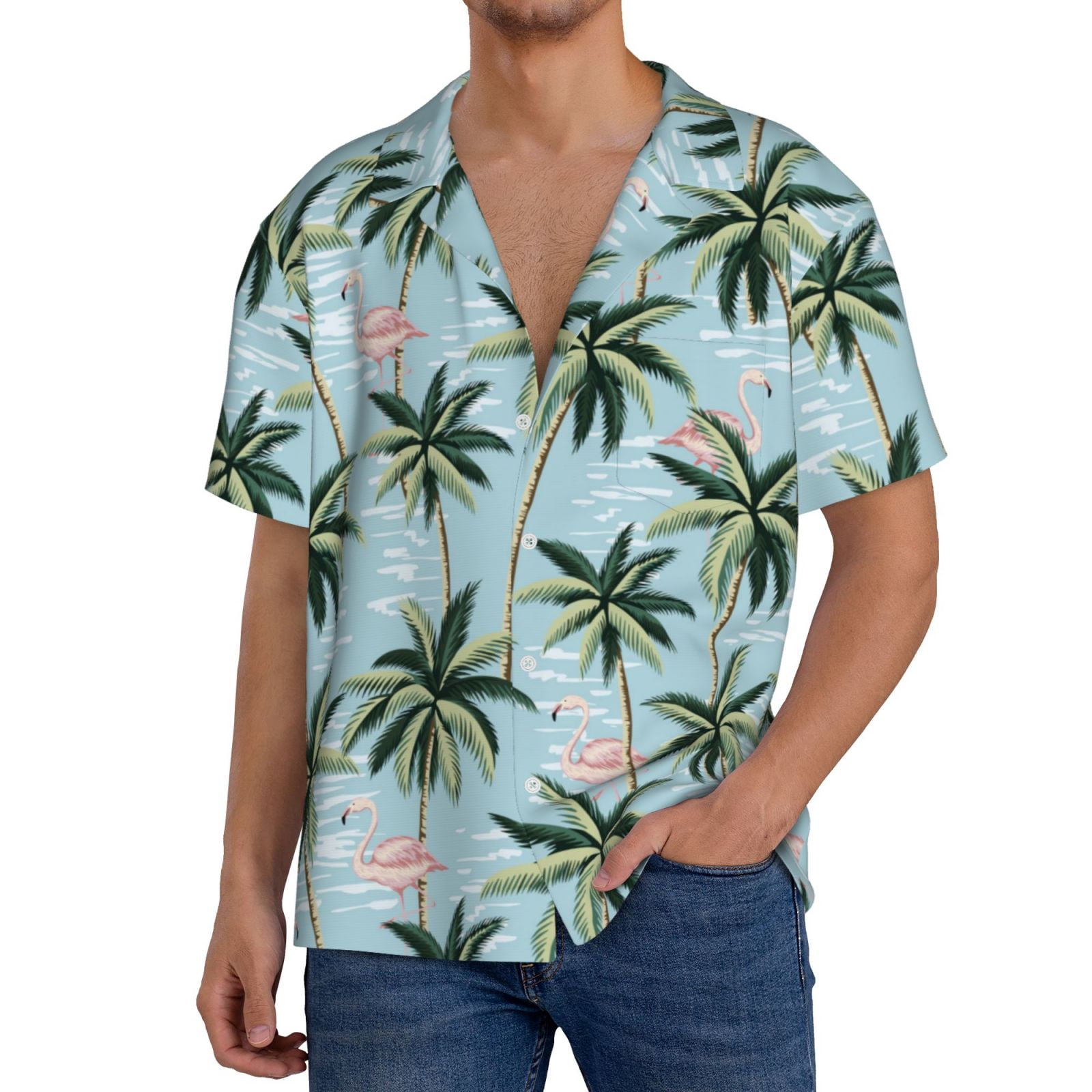 Daiia Flamingos And Palms Men's Linen Shirts Short Sleeve Casual Shirts ...