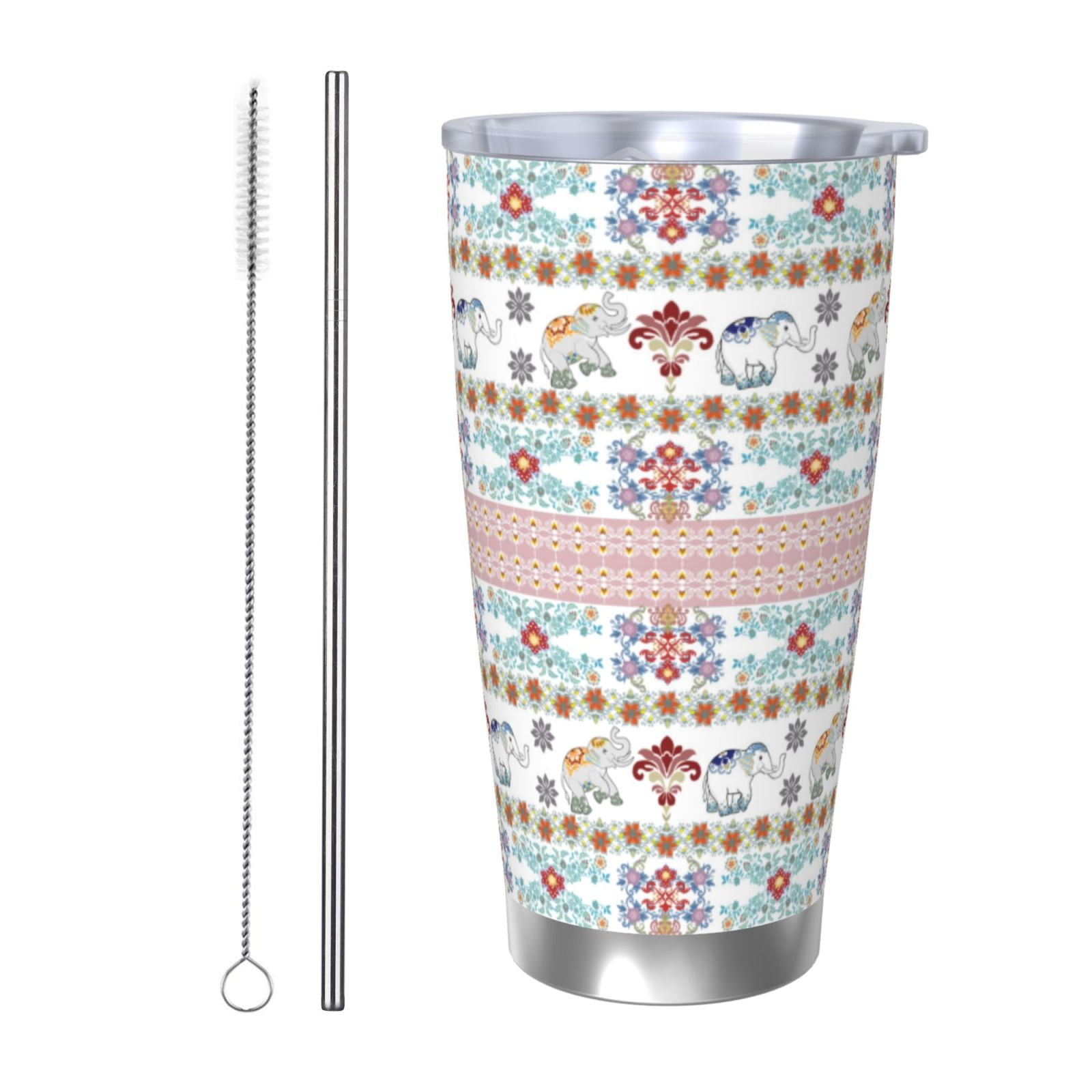 Daiia Floral Elephant Printed 20oz Insulated Coffee Cup with Straw ...