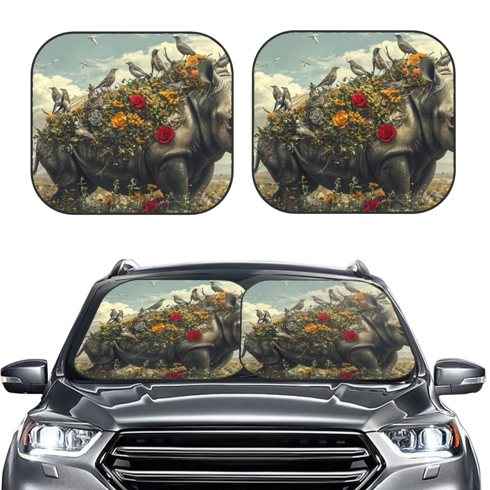 Daiia Floral Rhino With Birds 2PCS Car Windshield Sun Shade, Foldable ...