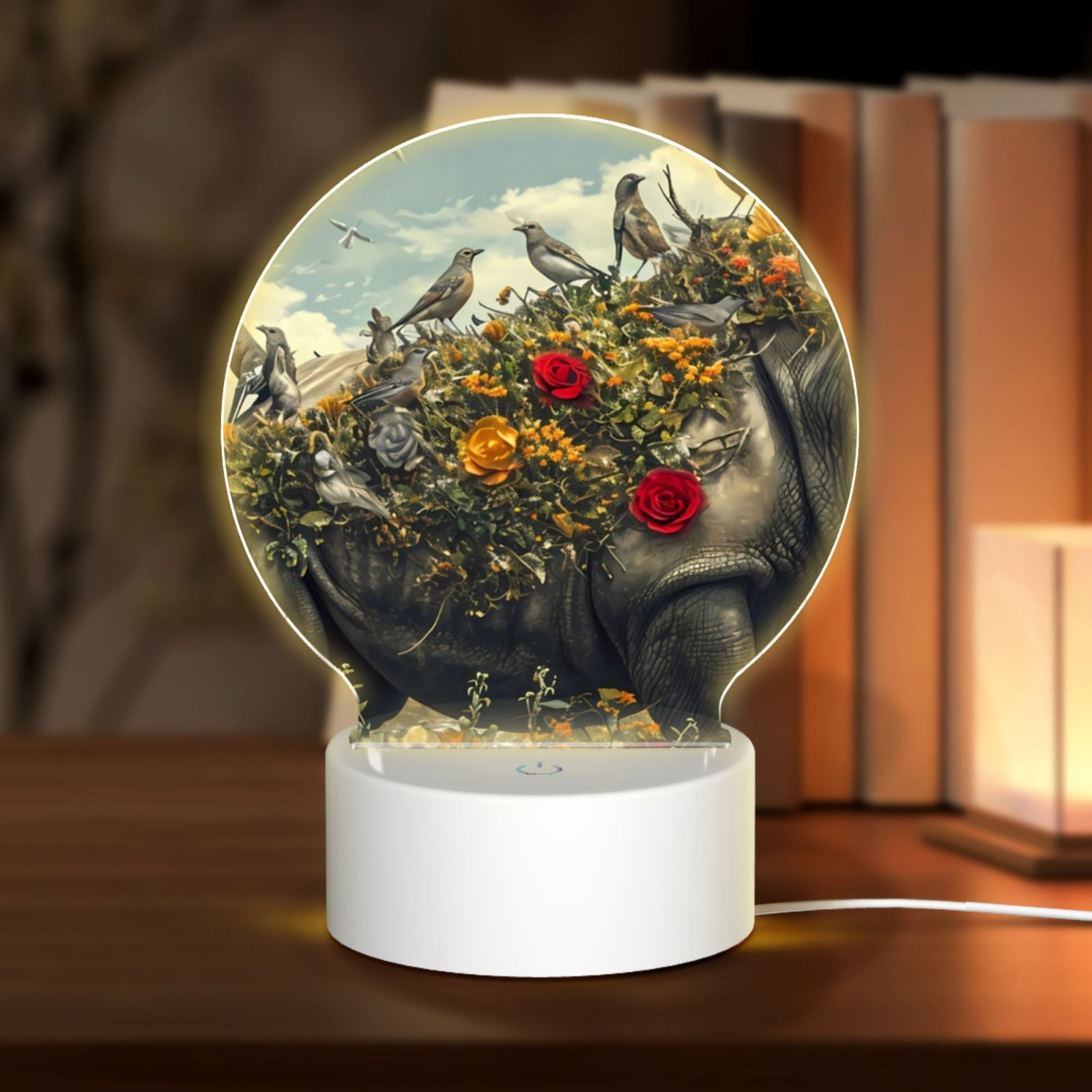 Daiia Floral Rhino With Birds Pattern Acrylic Night Light, LED Touch ...