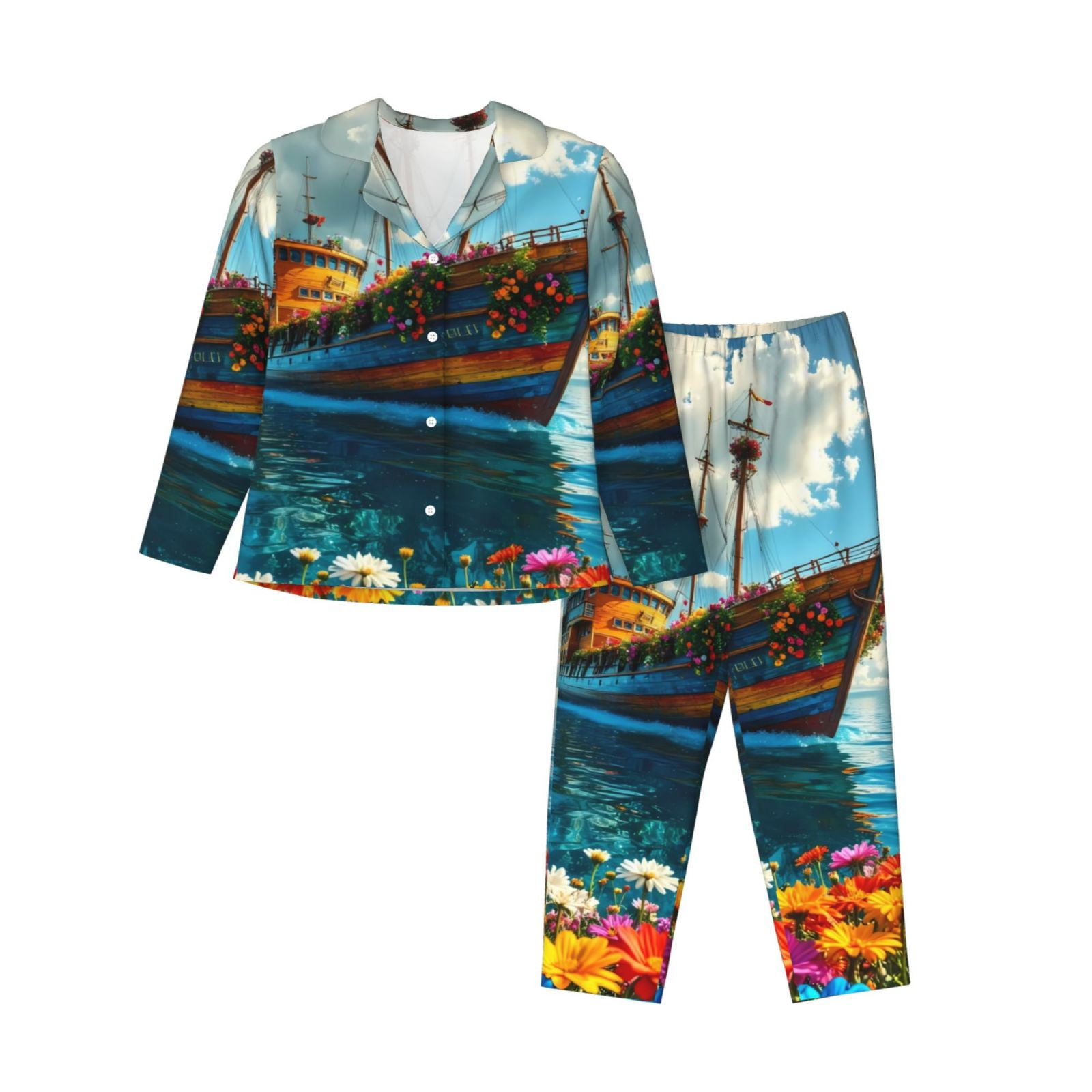 Daiia Floral Ship On Ocean for Women's Long-Sleeved Pajama Set – Soft ...