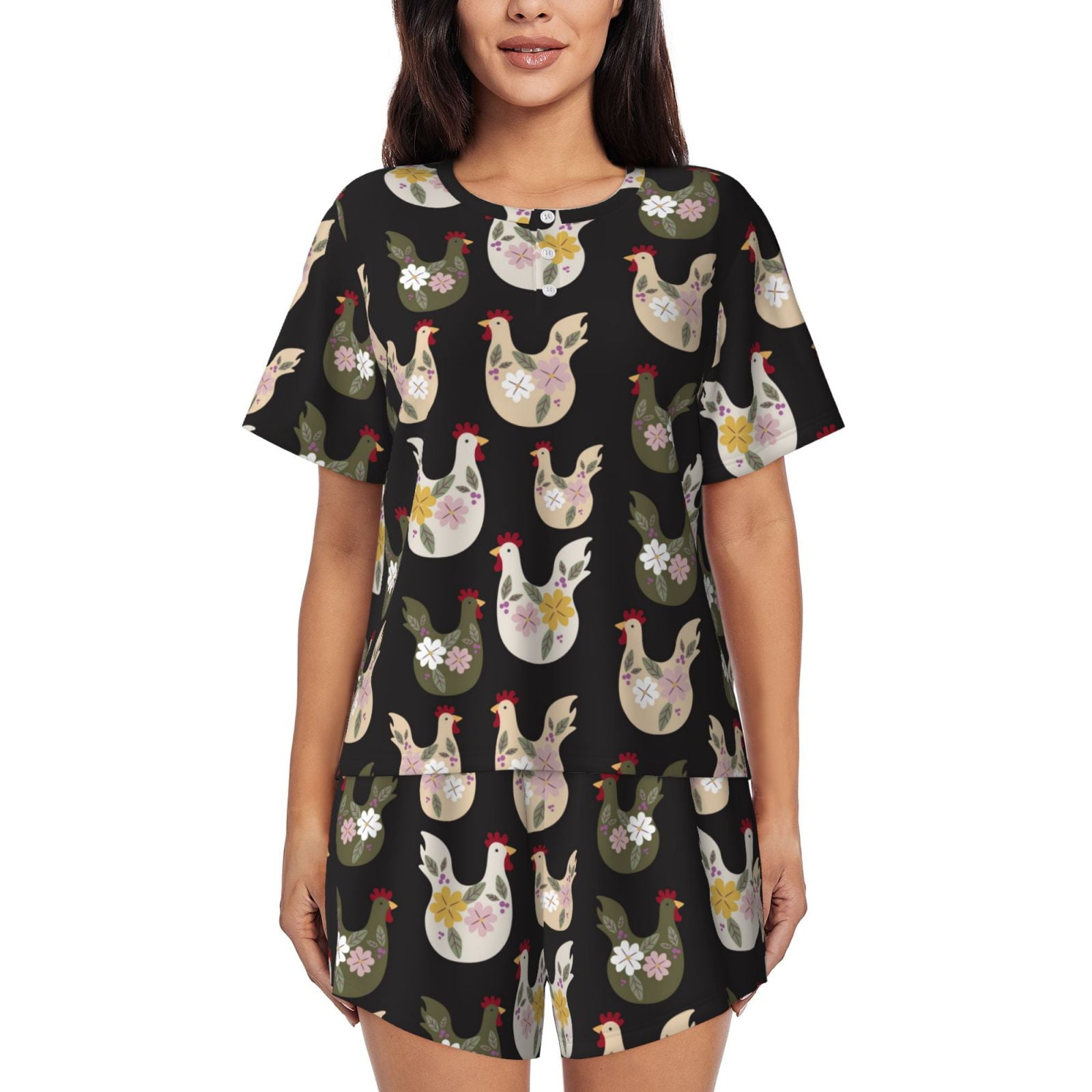 Daiia Flowe Rooster Pattern Womens Pajama Sets Short Sleeve Pajamas for ...