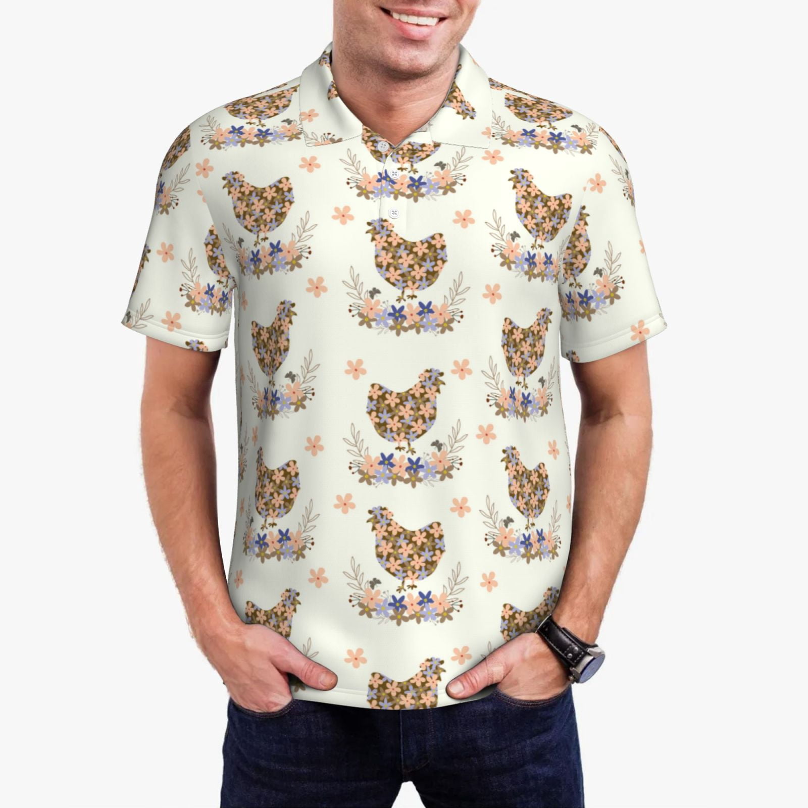 Daiia Flower Chicken Pattern Men’s Polo Shirts,Solid Deck Shirt,Classic ...