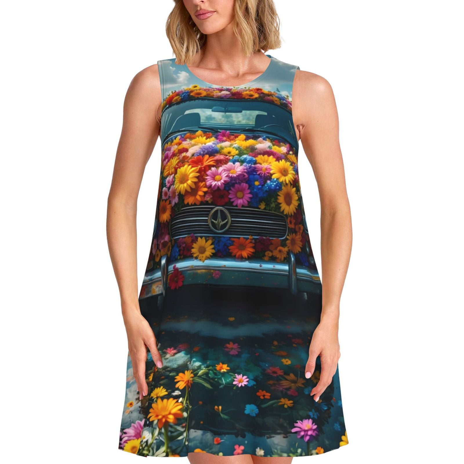 Daiia Flower Covered Vintage Car Print Women's Dresses 2025 Trendy ...