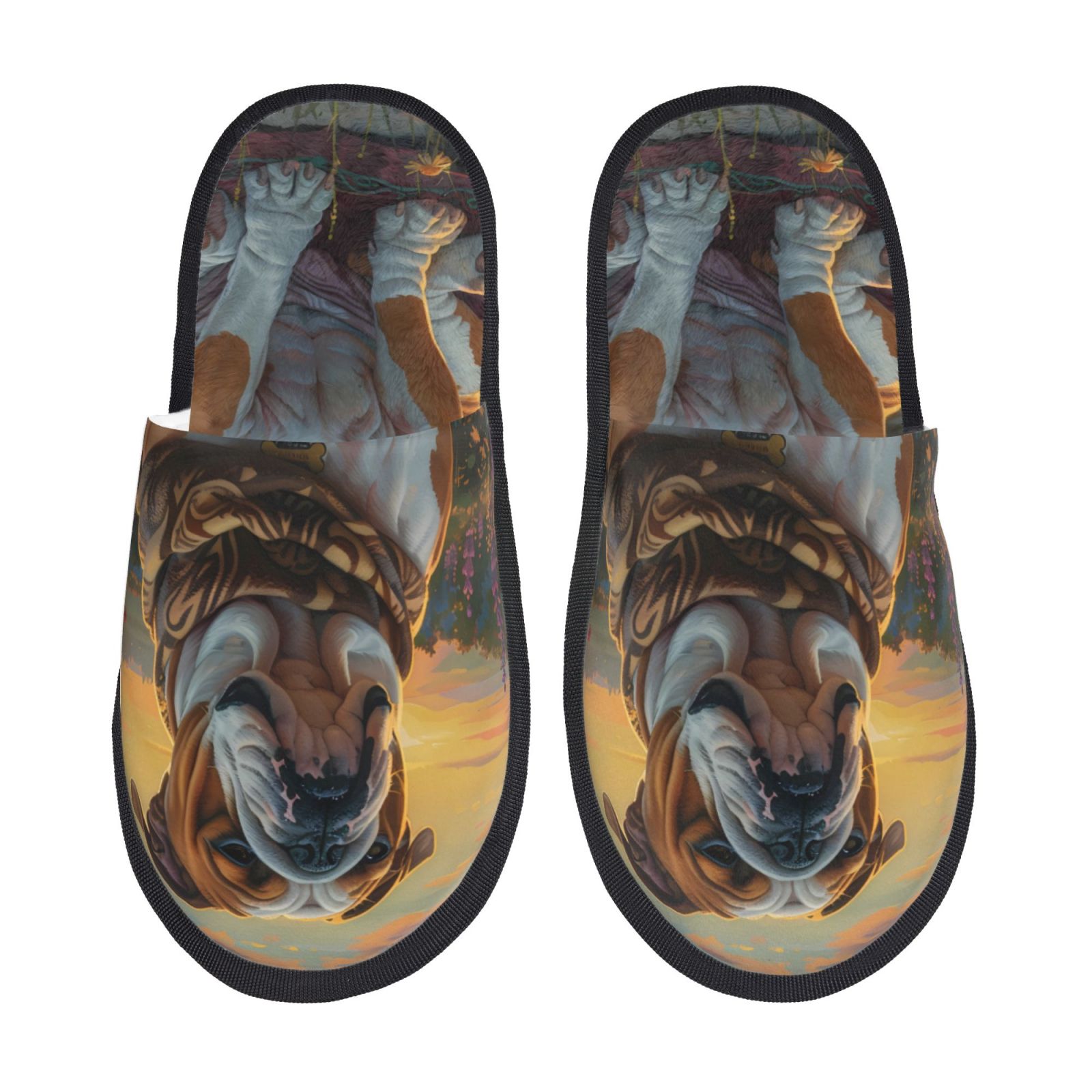 Daiia Flower Field Cute Bulldog Pattern Furry Slippers for Women and ...