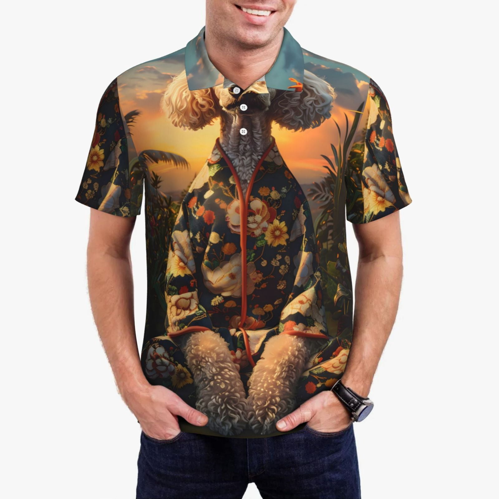 Daiia Flower Field Poodle Pattern Men’s Polo Shirts,Solid Deck Shirt ...